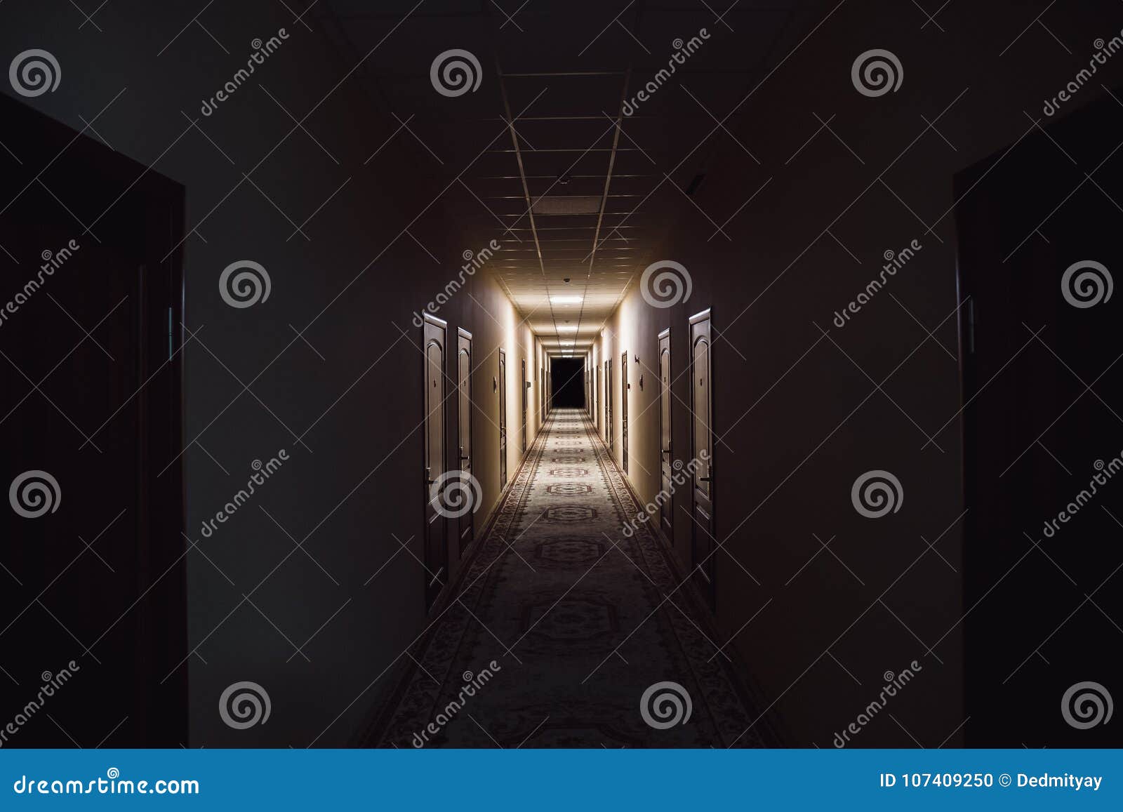 Pasillo Oscuro Largo Con Muchas Puertas Y Luz Foto de archivo - Imagen ...