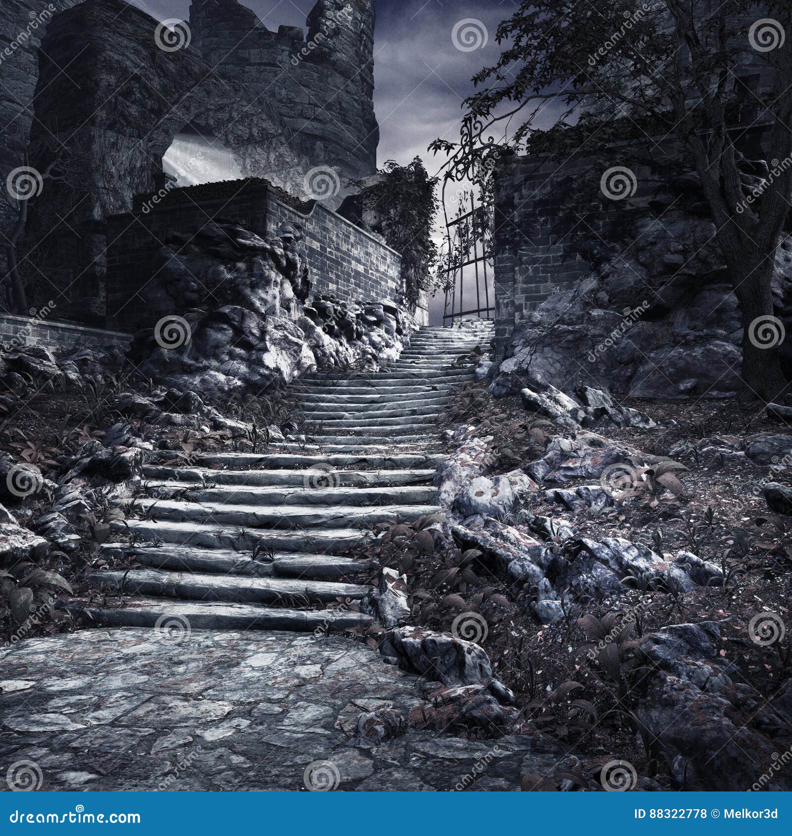 Passage To the Ruined Tower Stock Illustration - Illustration of dark ...