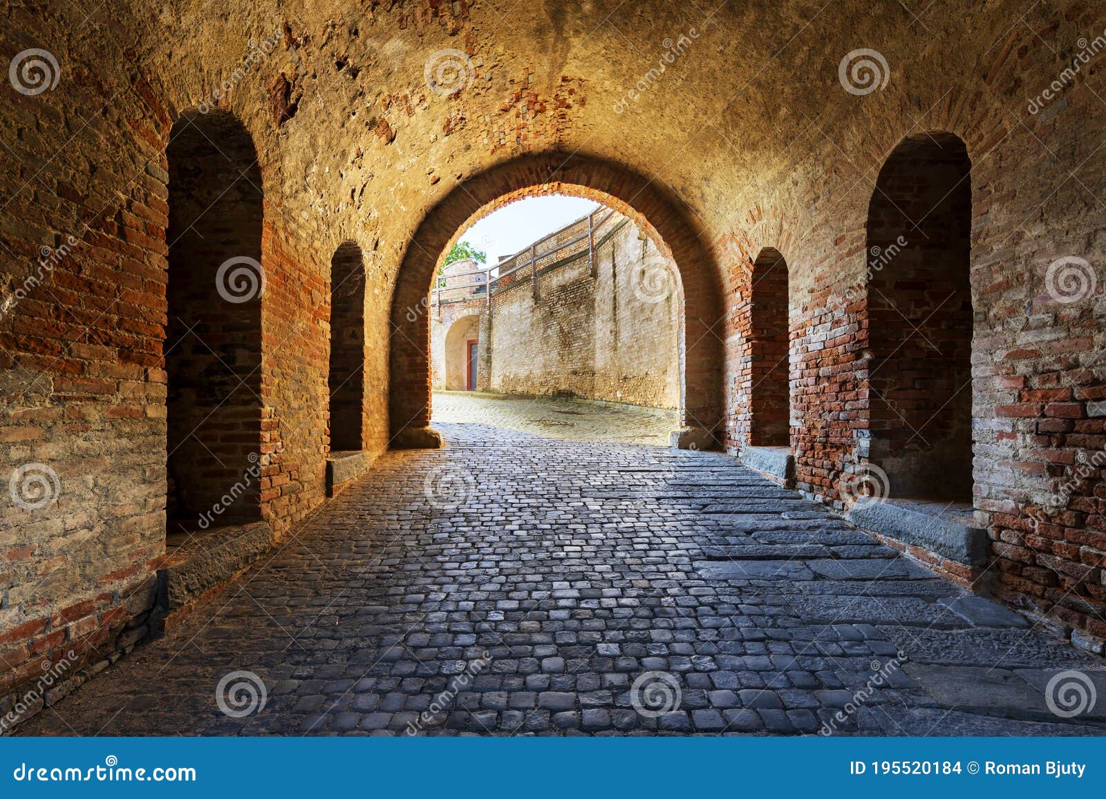 Passage through the Tunnel. There is an Old Brick Wall on the Sides ...
