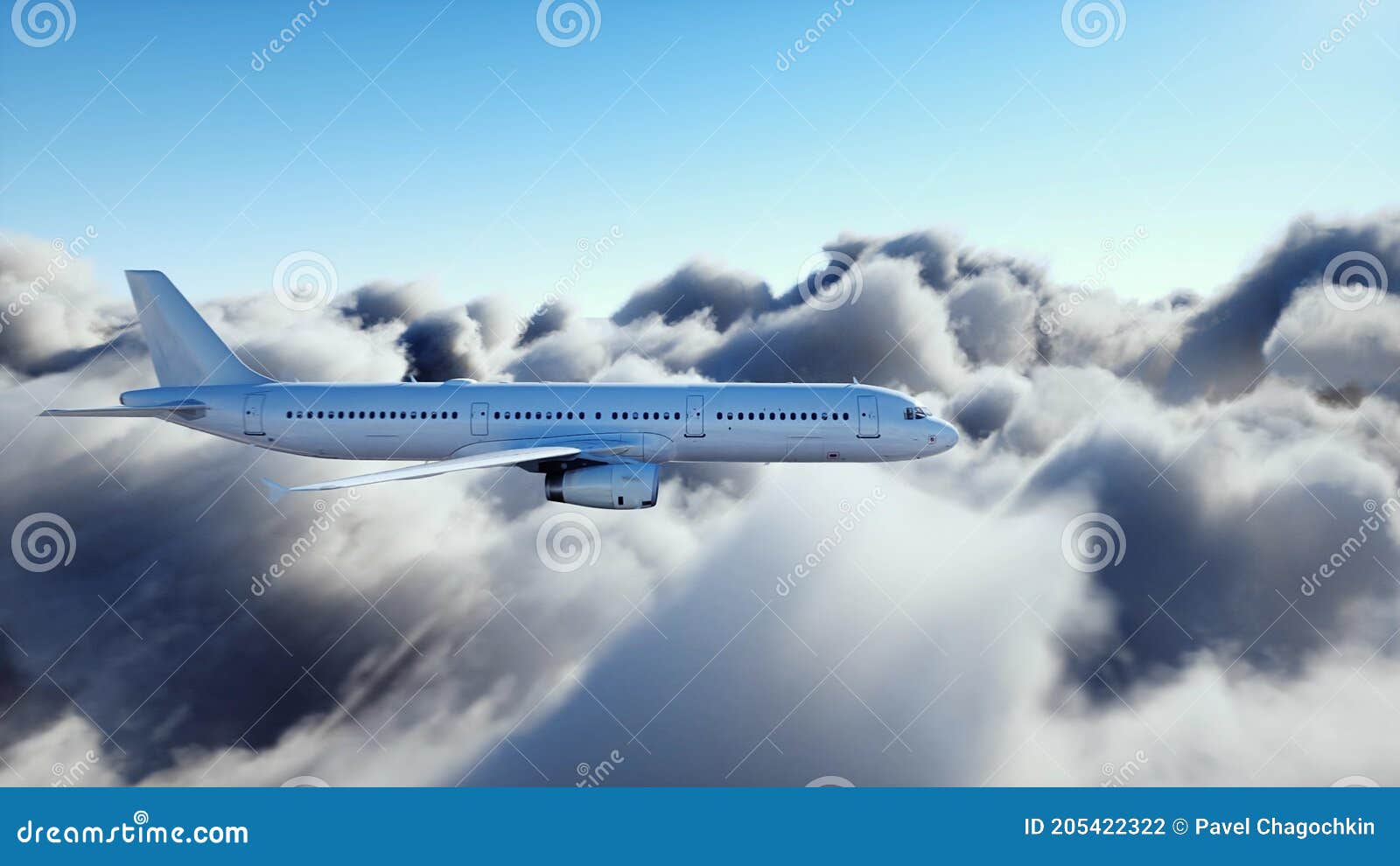 Passenger Airbus Flying In Clouds. Plane. 3d Rendering. Stock ...