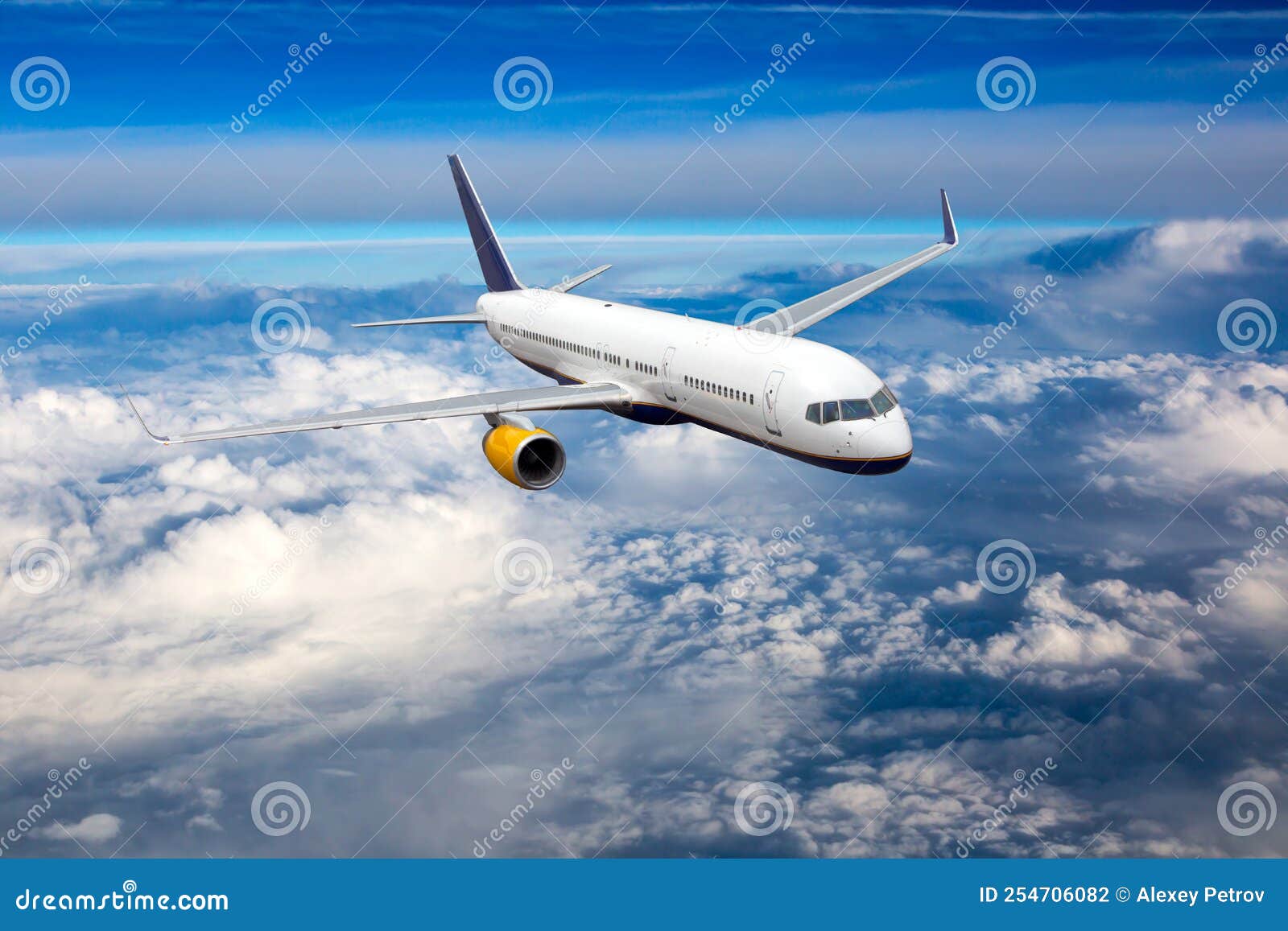 Passenger Aircraft Fly High in the Sky. Front View. Stock Photo - Image ...
