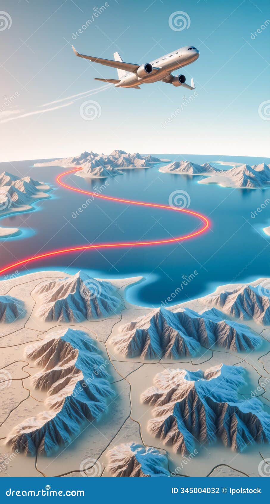 Modern Commercial Airplane Flying Over Mountain Landscape with Digital ...