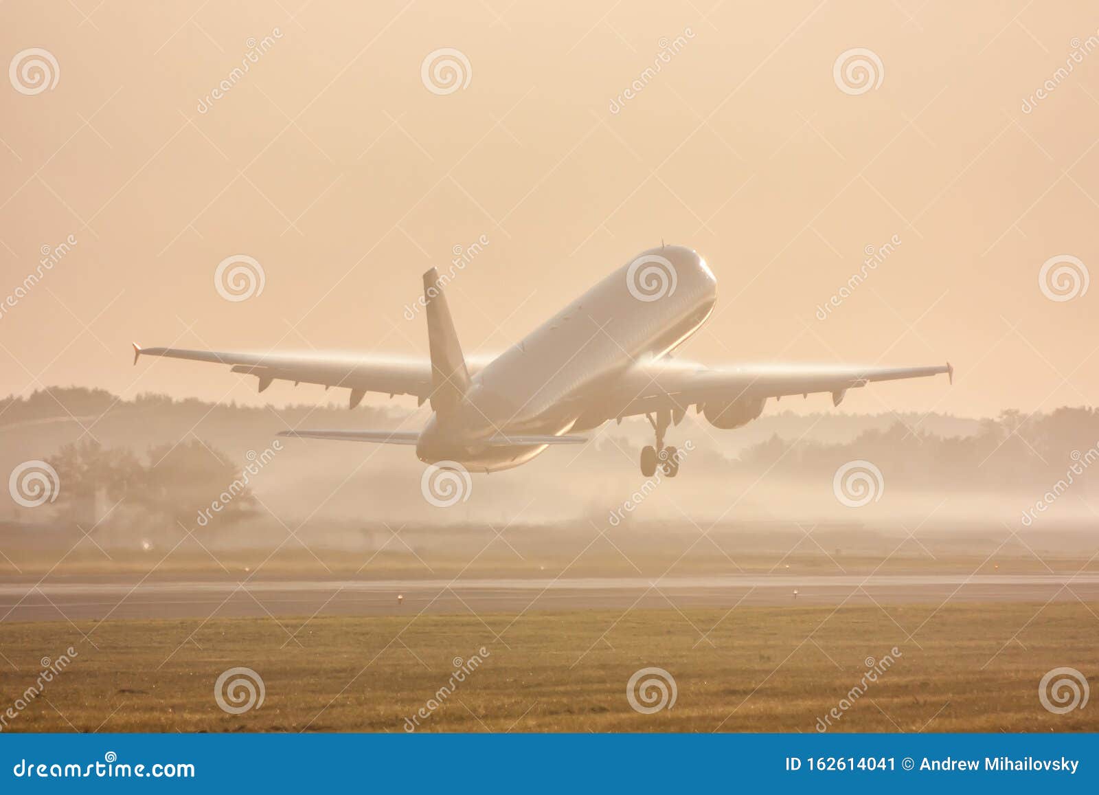 Passenger Aircraft Take Off in Morning Mist Stock Image - Image of ...
