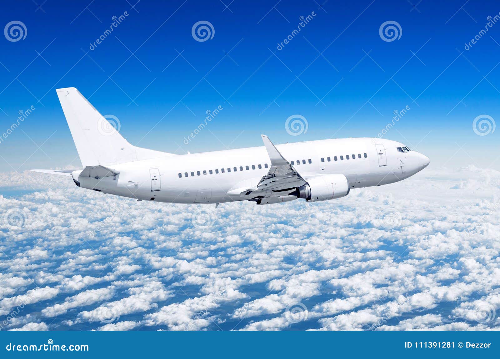 Passenger Airplane Fly on a Hight Above Clouds and Blue Sky. Stock ...