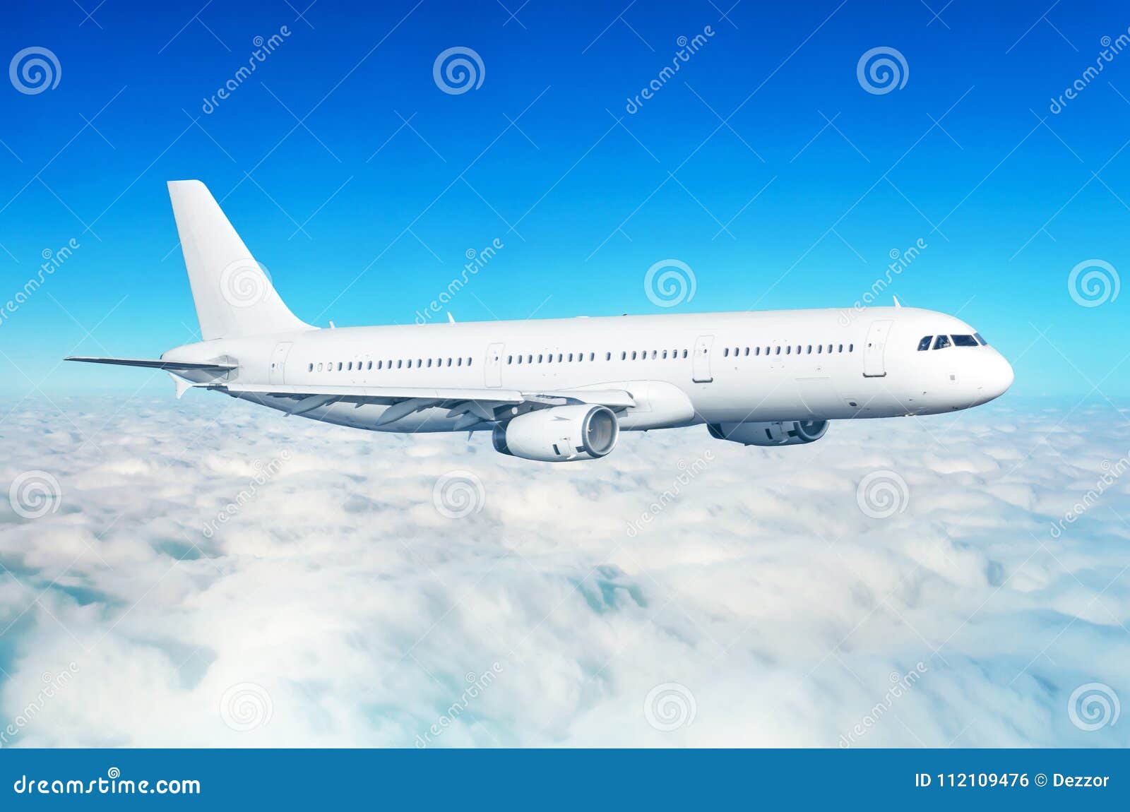 Passenger Airplane Fly on a Hight Above Overcast Clouds and Blue Sky ...
