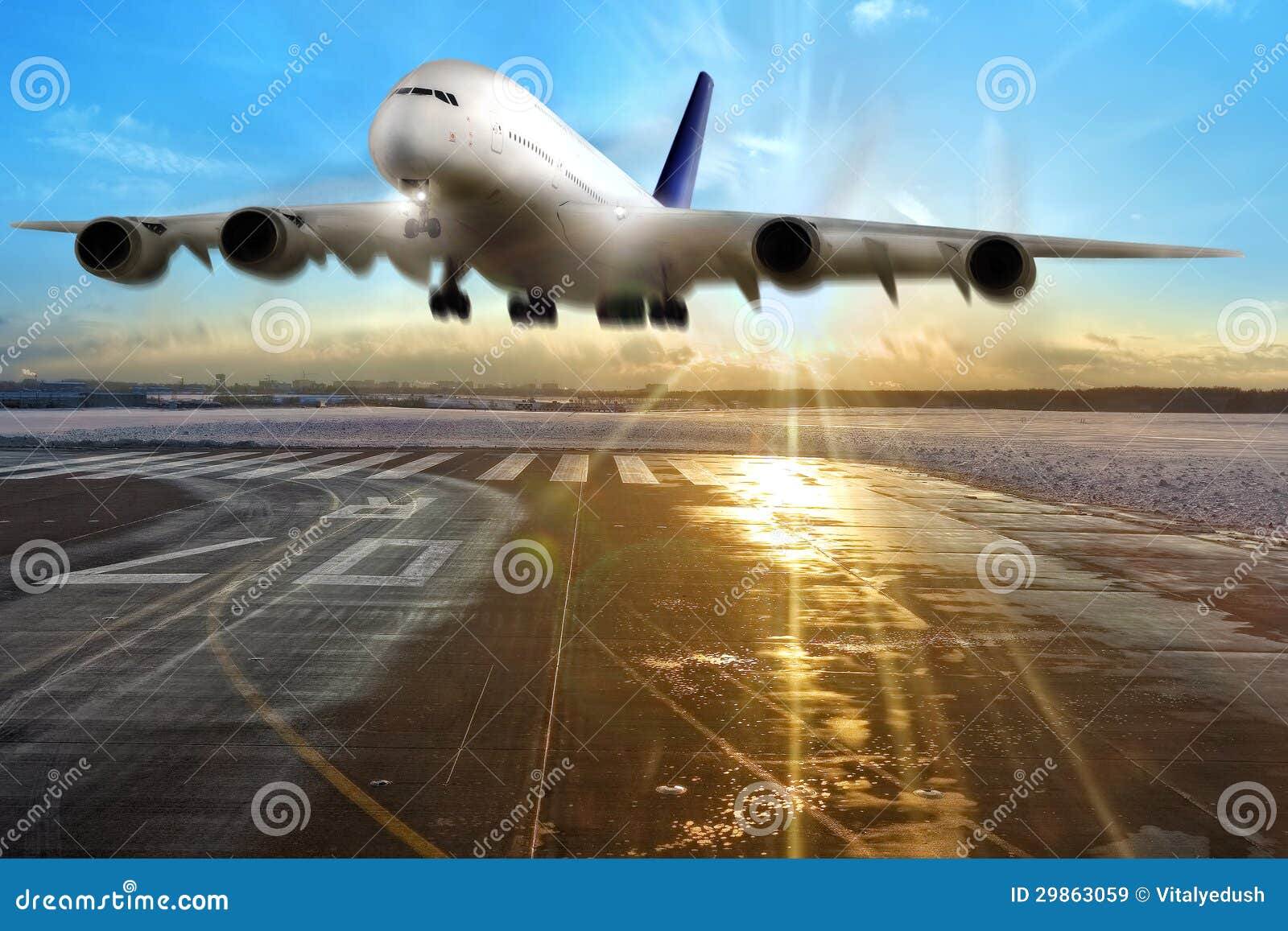 Passenger Airplane Landing on Runway in Airport. Stock Image - Image of ...