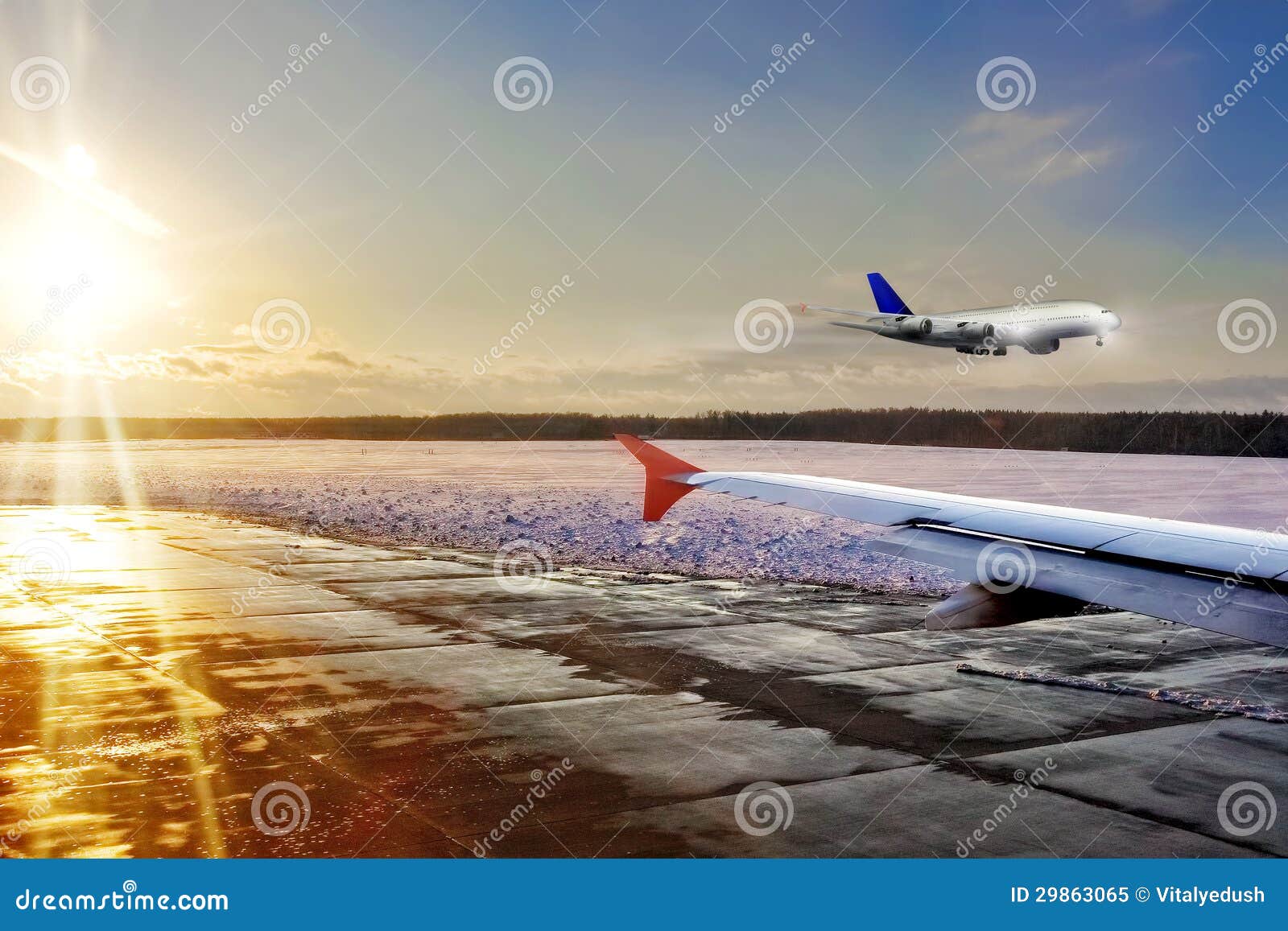 Passenger Airplane Landing on Runway in Airport. Evening Stock Image ...