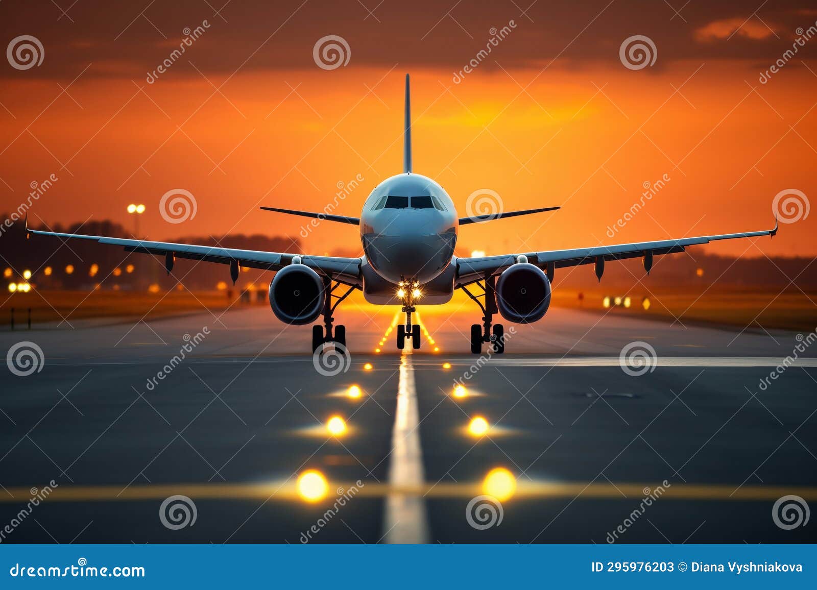 Passenger Airplane Taking Off the Runway in Sunset Light, View from the ...