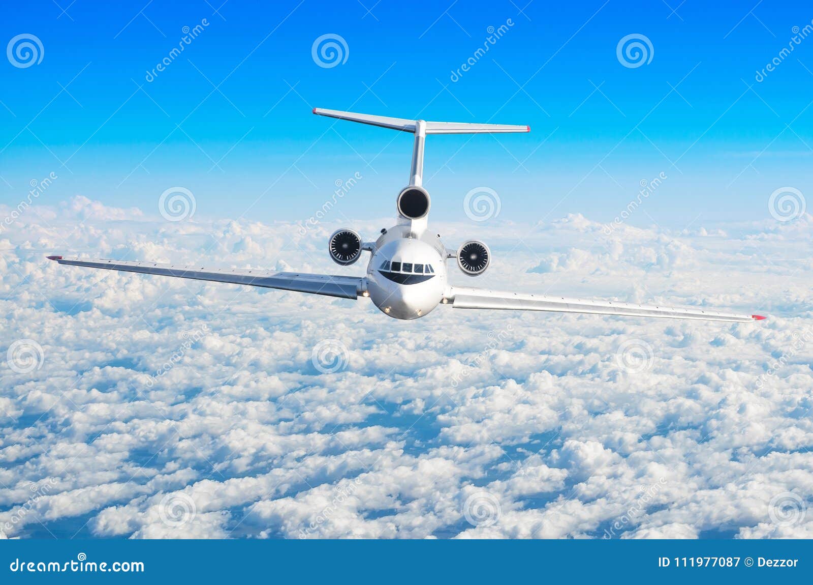 Passenger Airplane with Three Engines on the Tail Flying at Flight ...