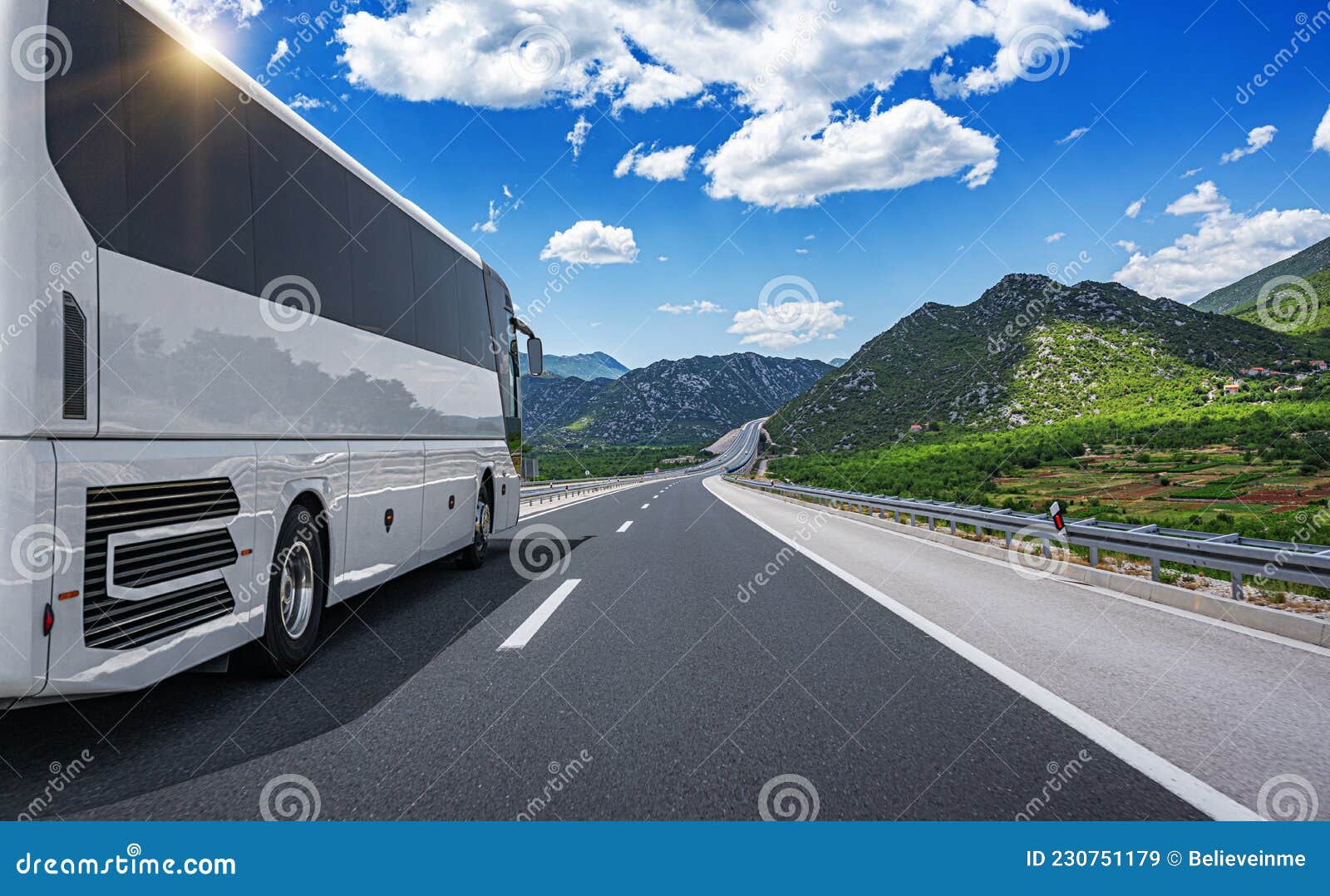 Passenger Bus on the Highway Against the Backdrop of a Beautiful ...