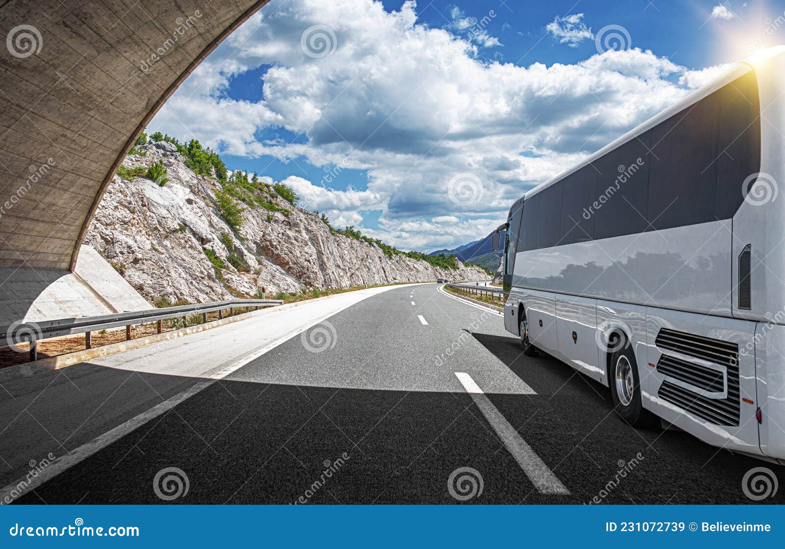 Passenger Bus on the Highway Against the Backdrop of a Beautiful ...