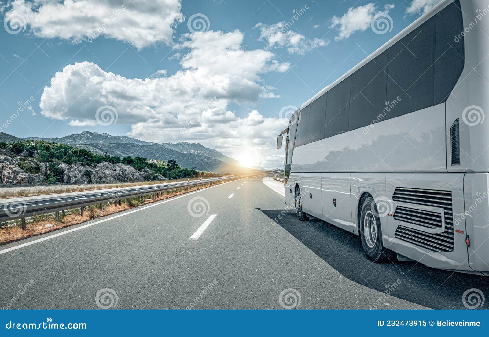 Passenger Bus on the Highway Against the Backdrop of a Beautiful ...