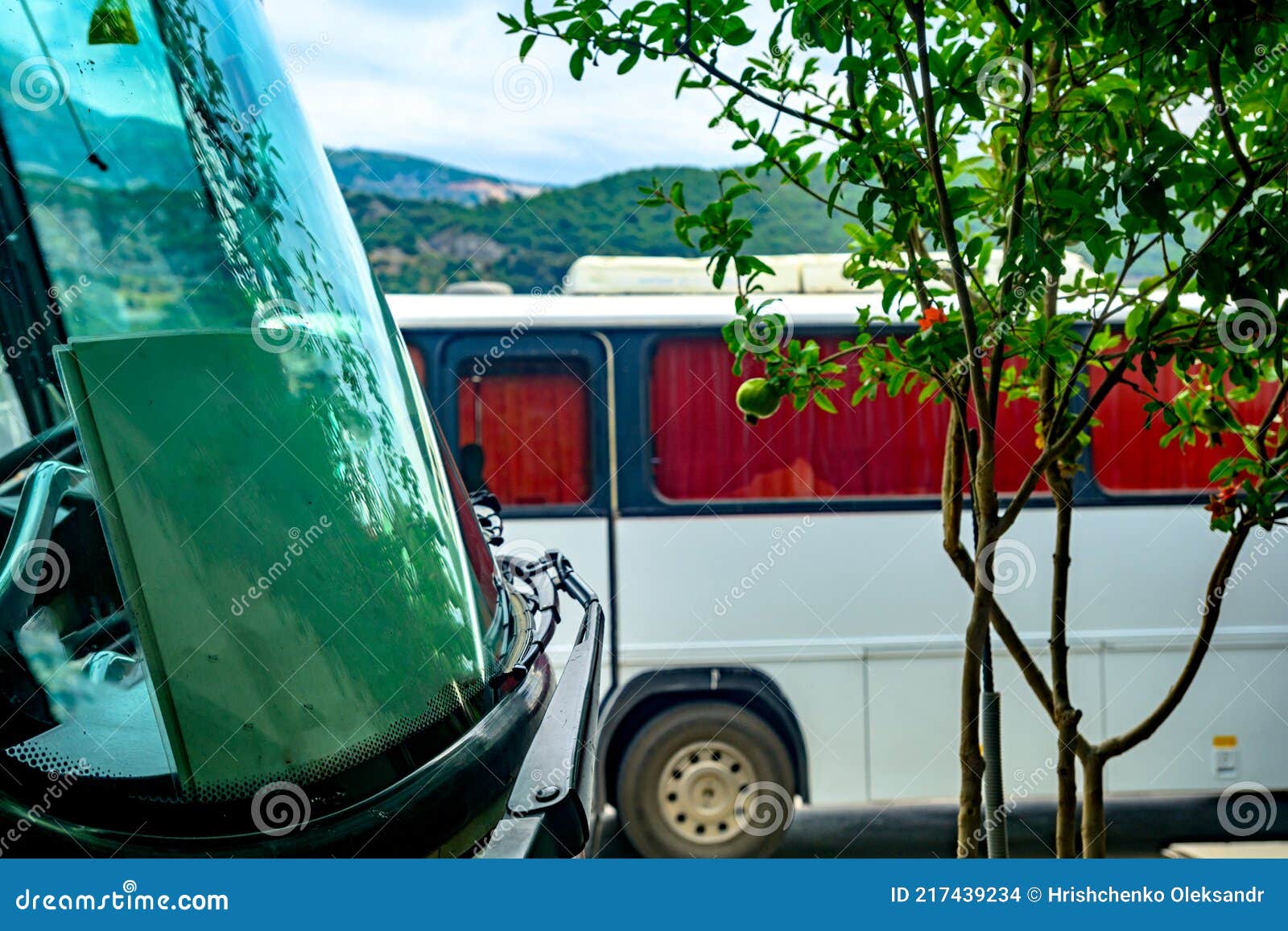 Passenger Buses in the Parking Lot. Focus on the Front Window of the ...