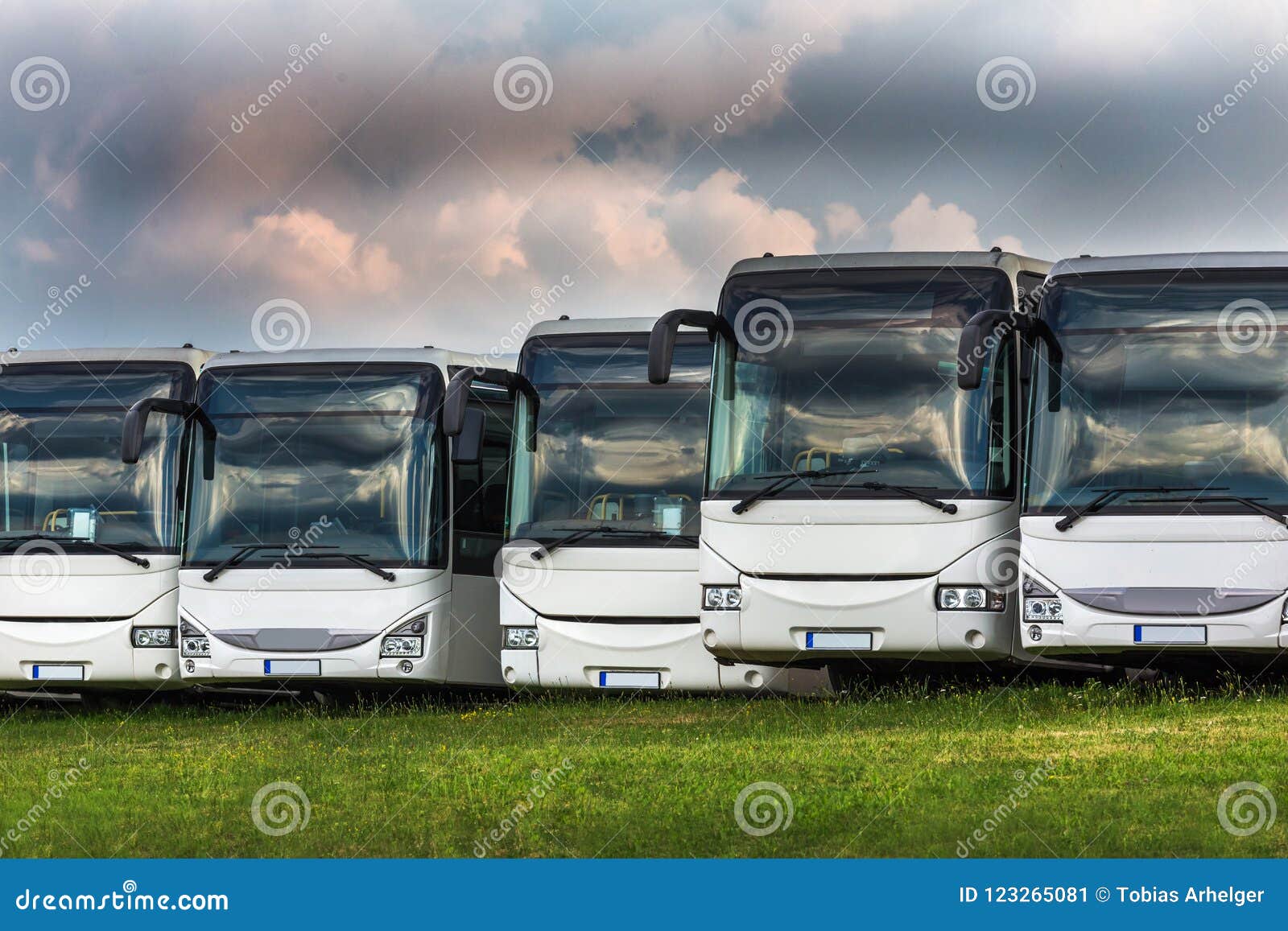Passenger Buses in a Row in Front of a Meadow Stock Image - Image of ...