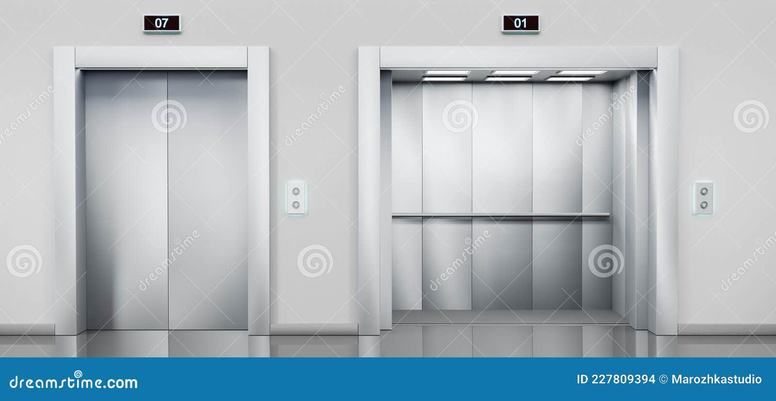 Passenger and Cargo Elevators with Closed and Open Silver Doors in ...