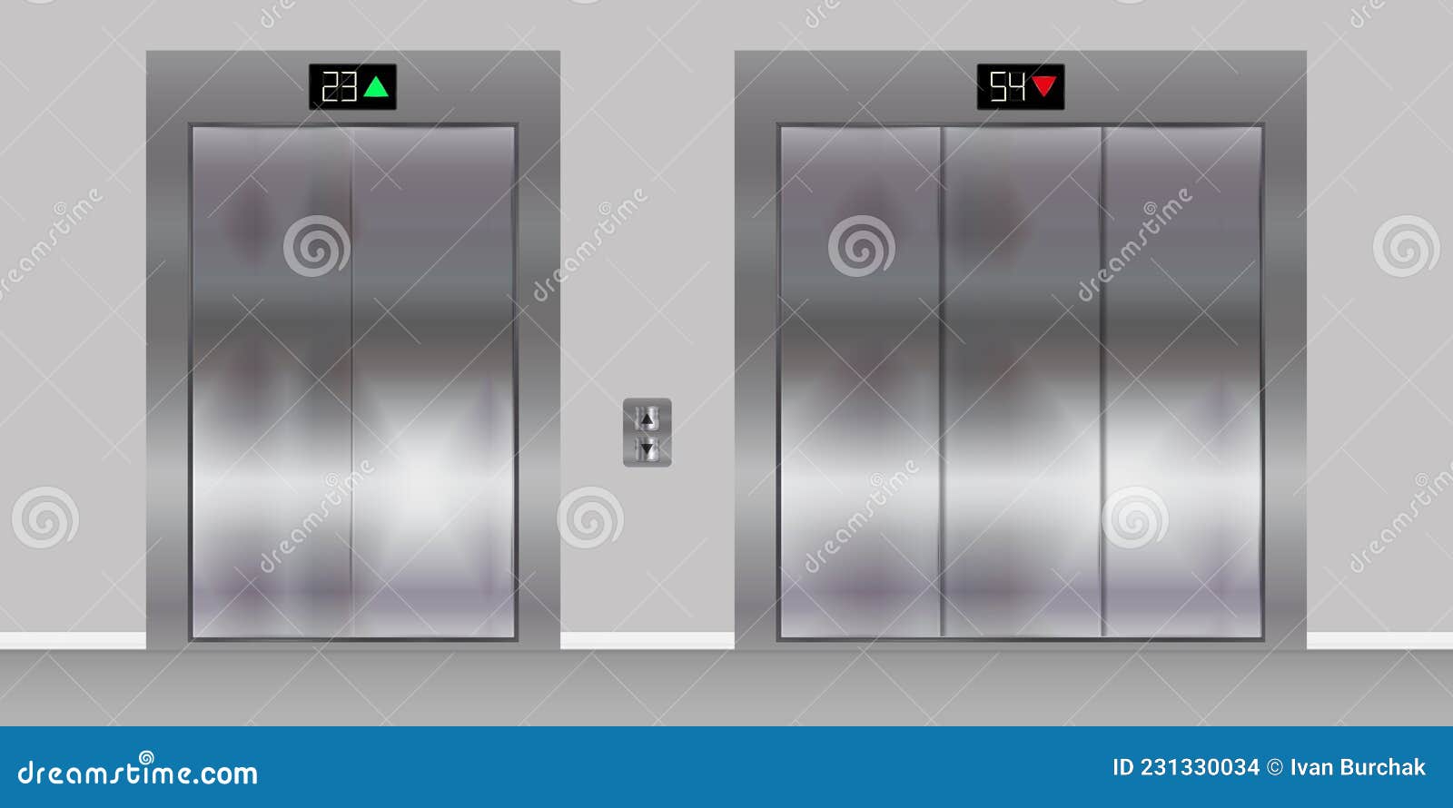 Passenger and Cargo Freight Elevators with Closed Doors. Realistic ...