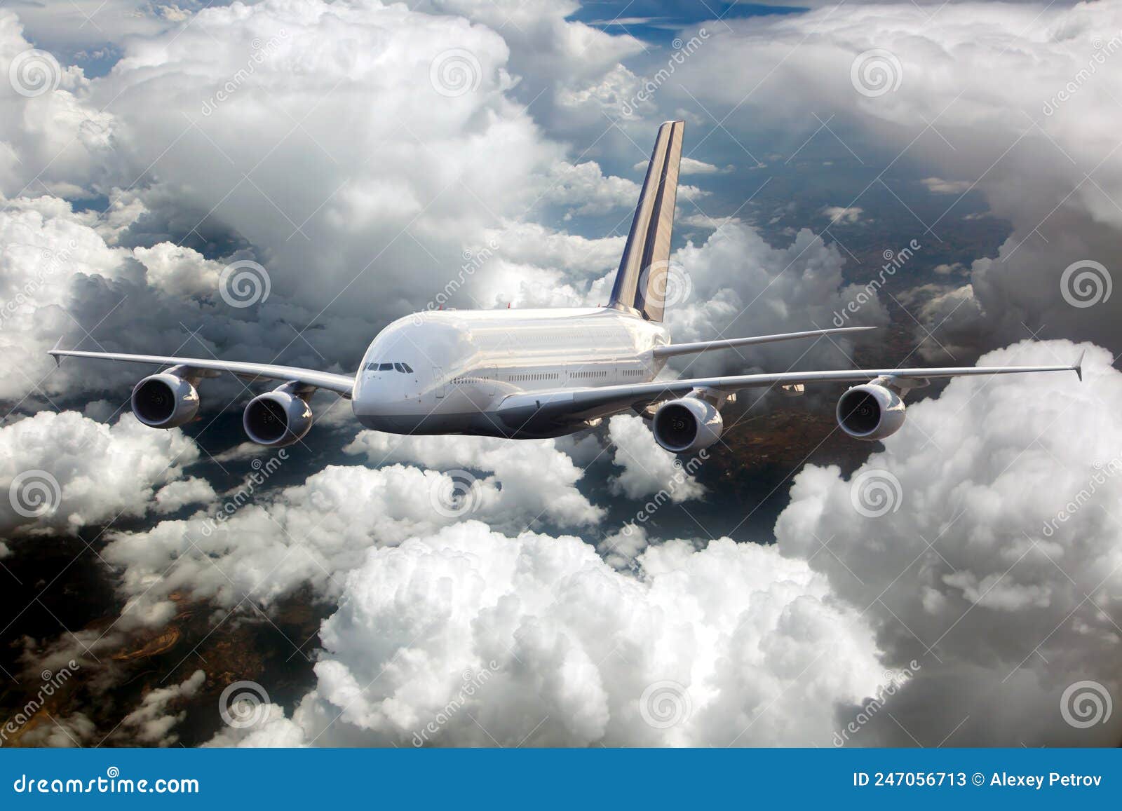 Passenger Double Decker Plane Fly High in the Cloudy Sky. Front View ...