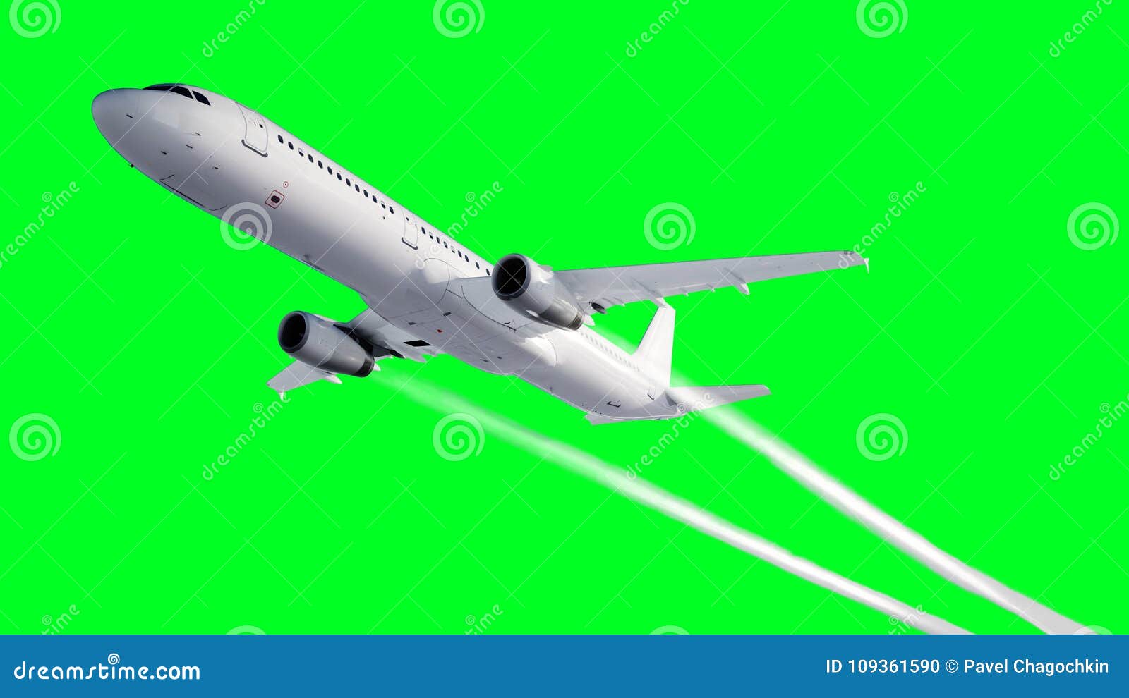 Passenger Flying Plane . Isolate Green Screen. . a Condensation Trail ...