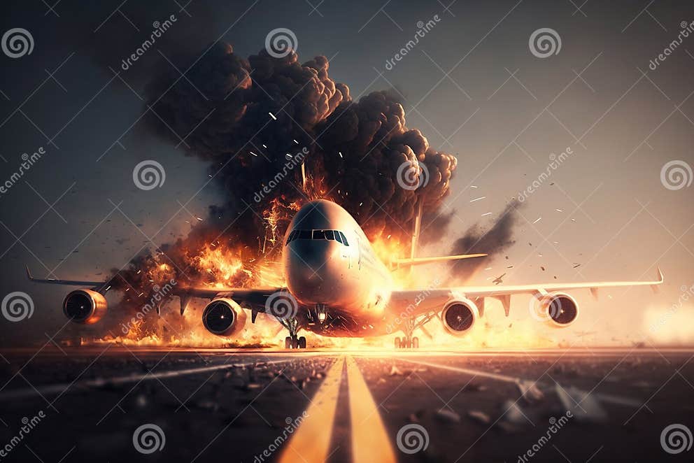 Passenger Plane on Fire on the Runway, Illustration AI Stock ...