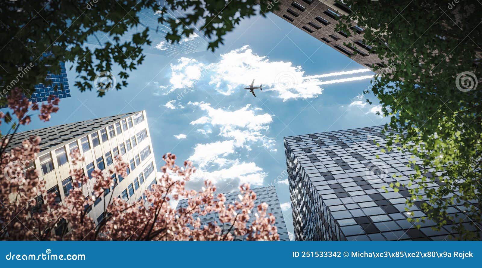 Passenger Plane Flies between Office Buildings - 3d Render Stock ...
