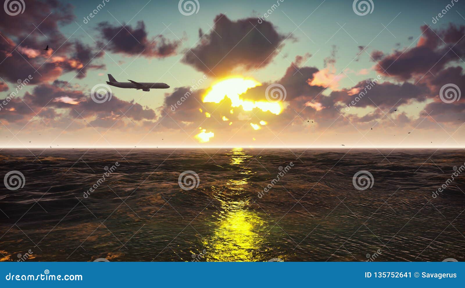Passenger Plane Flies Over the Ocean at Sunset. Beautiful Summer ...
