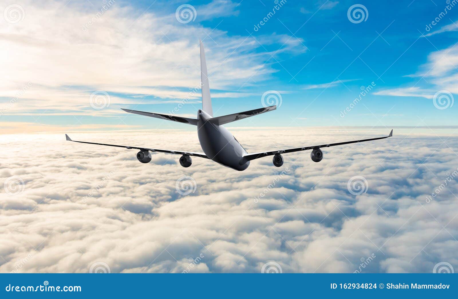 Passenger Plane in Flight. Aircraft Fly High in the Blue Sky Over the ...