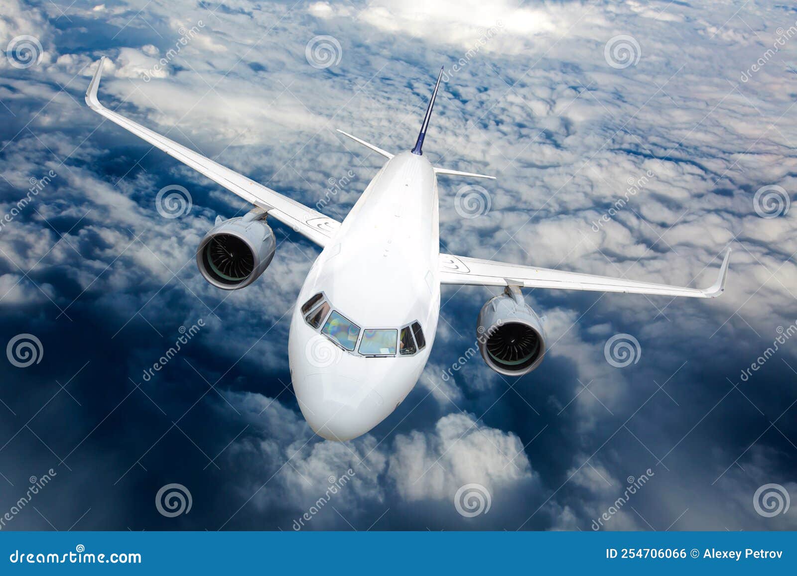 Passenger Plane in Flight. Aircraft Fly High in the Sky. Front View ...