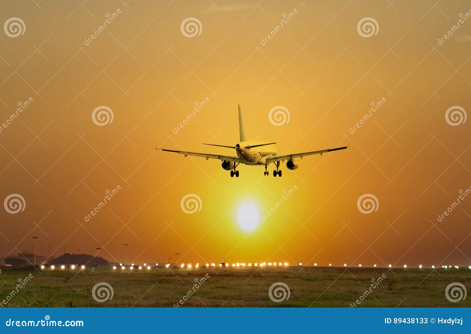Passenger Plane Fly Down Over Take-off Runway from Airport Stock Image ...