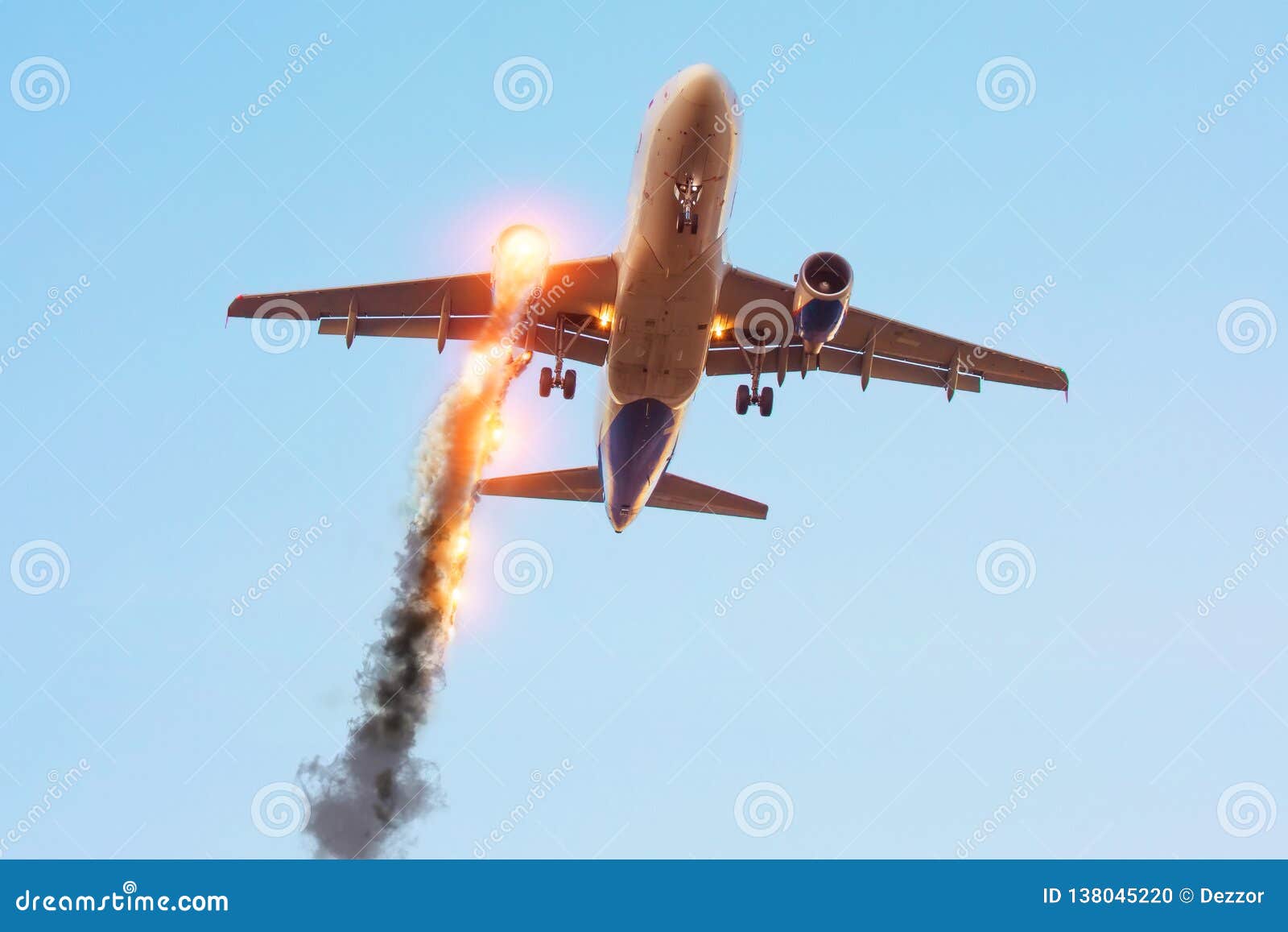 Passenger Plane Landing with a Burning Engine, Emergency Situation ...