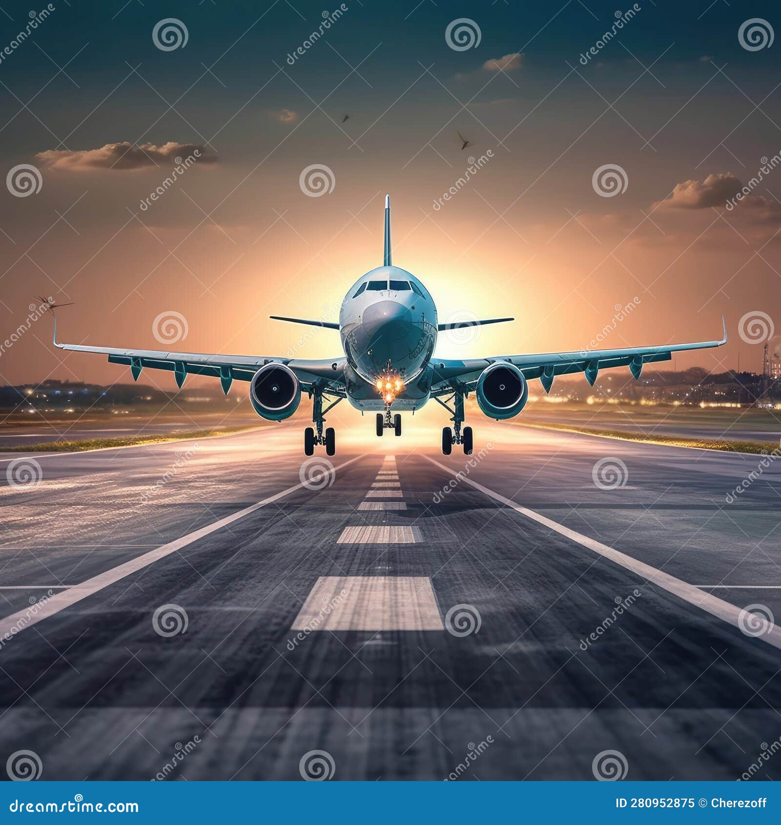 A Passenger Plane Lands on the Runway Stock Illustration - Illustration ...