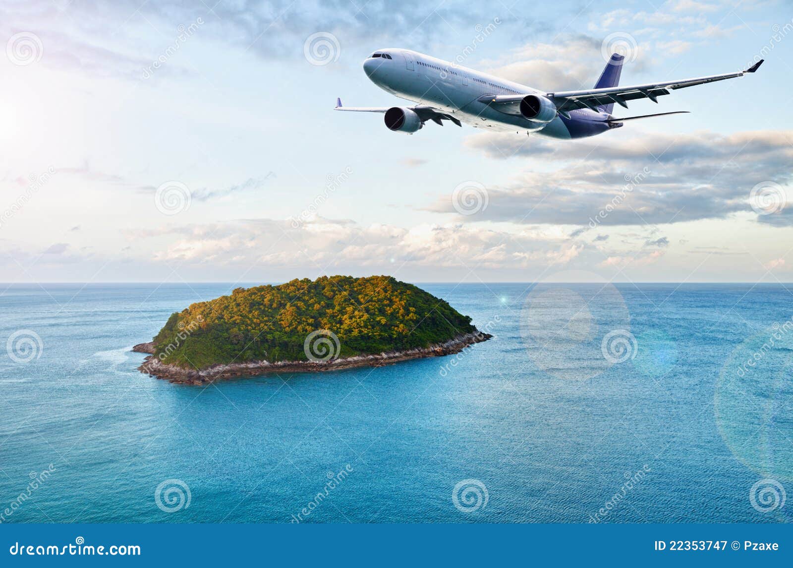 Passenger Plane Over Tropical Island Stock Image - Image of remote ...