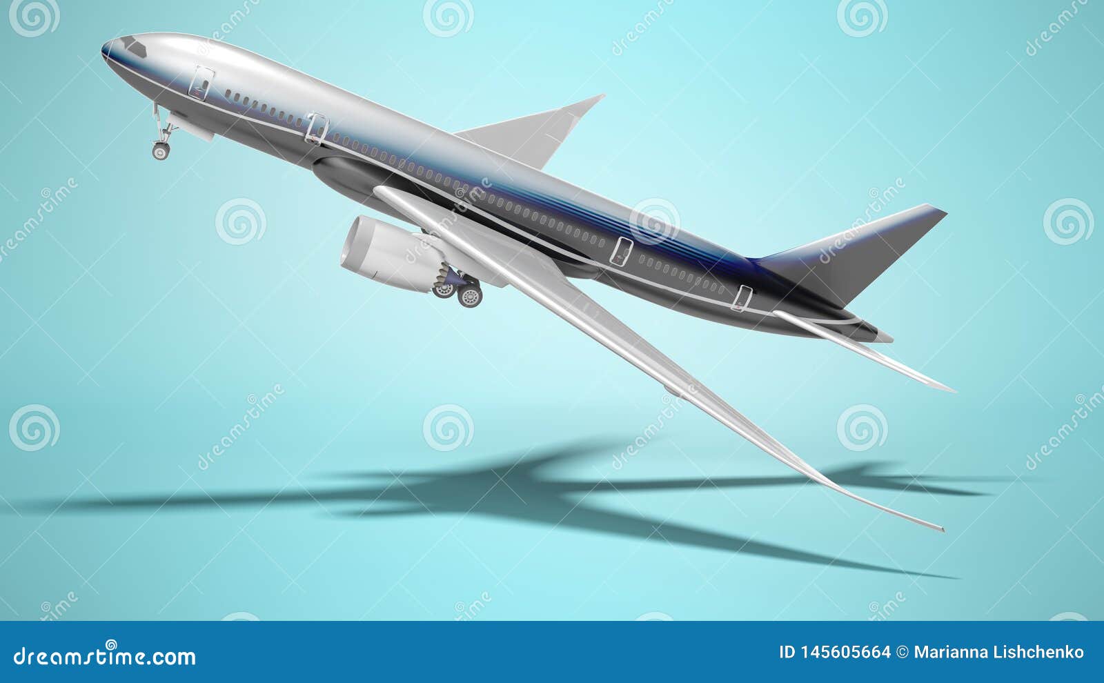 Passenger Plane Takes Off Side View 3d Render on Blue Background with ...