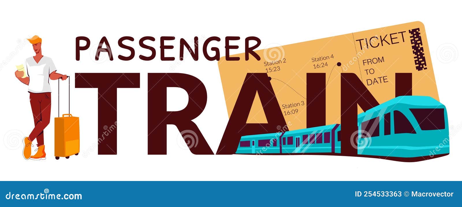 Passenger Train Flat Text Cartoon Vector | CartoonDealer.com #254533363