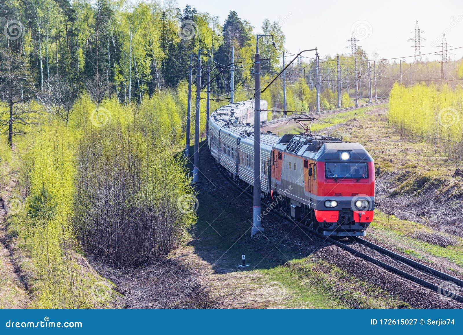 Passenger Train Moves on the Forest Background Stock Image - Image of ...