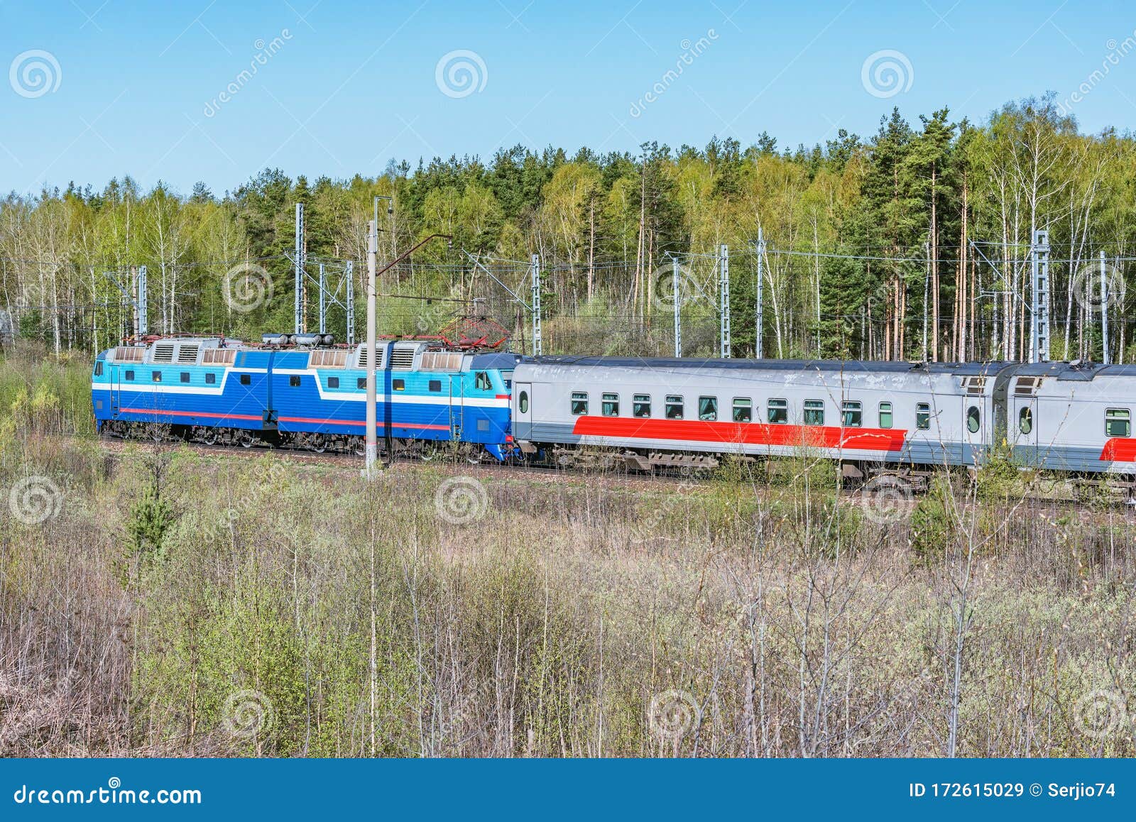 Passenger Train Moves on the Forest Background Stock Image - Image of ...