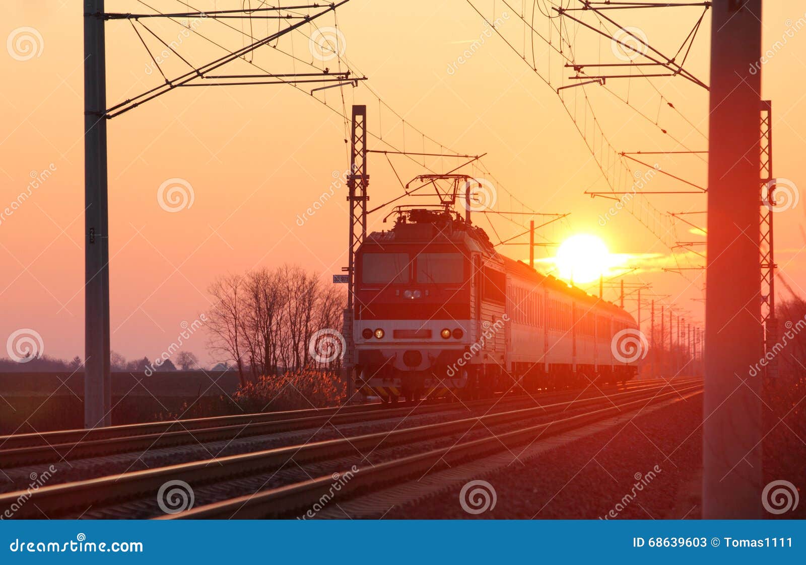 Passenger Train on Railway at Sunset Stock Image - Image of platform ...