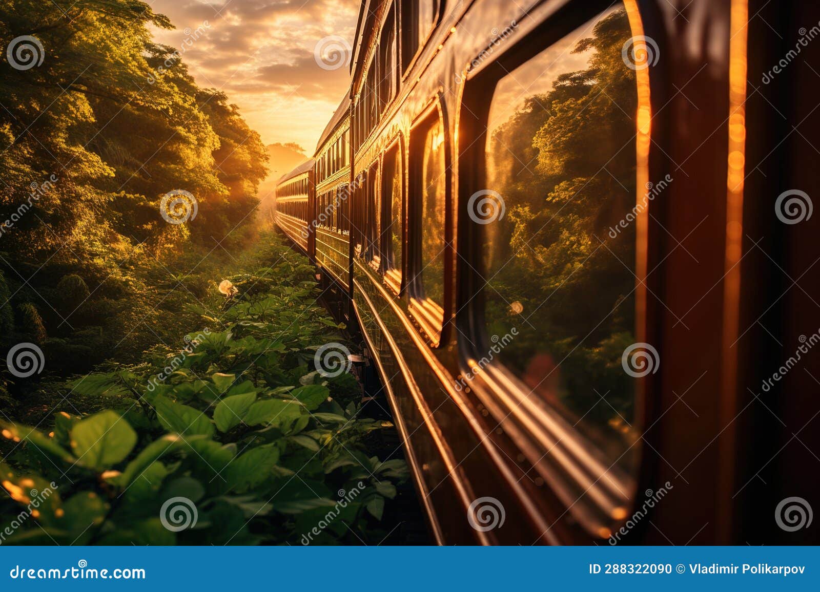 Passenger Train Rides through Beautiful Landscape. Exterior View Stock ...