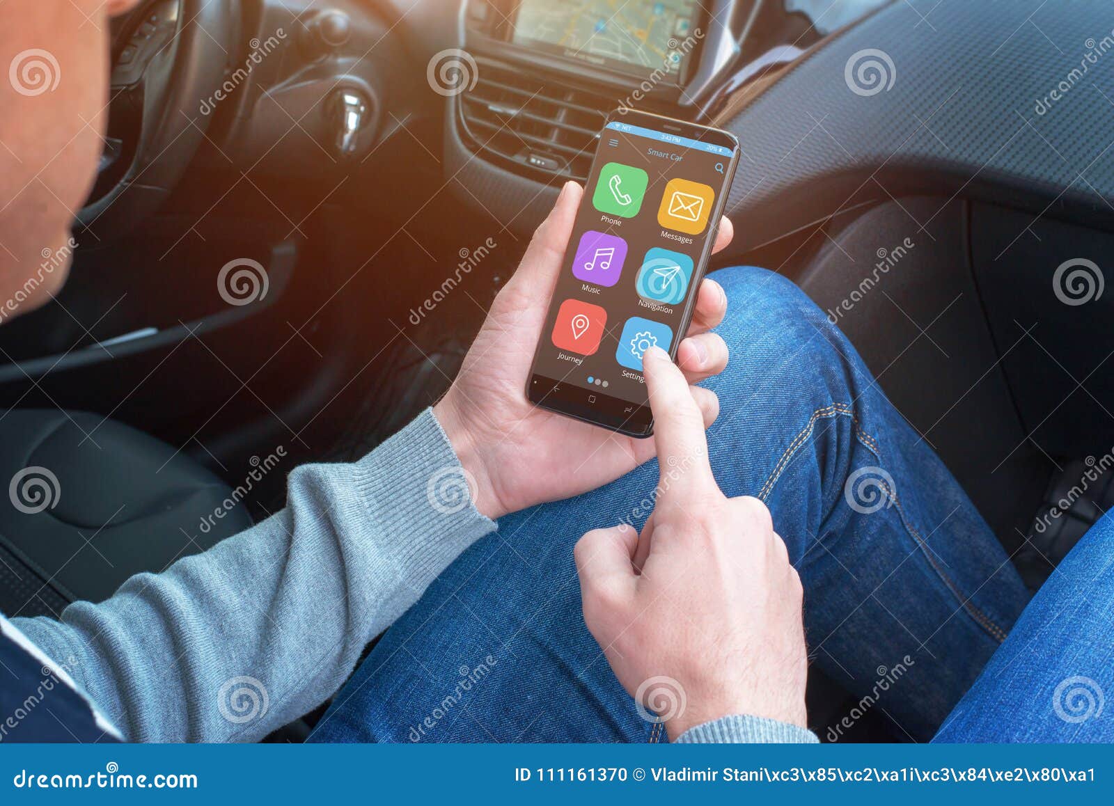 Passenger Use Smart Car App. Modern Car Interior in Background Stock ...
