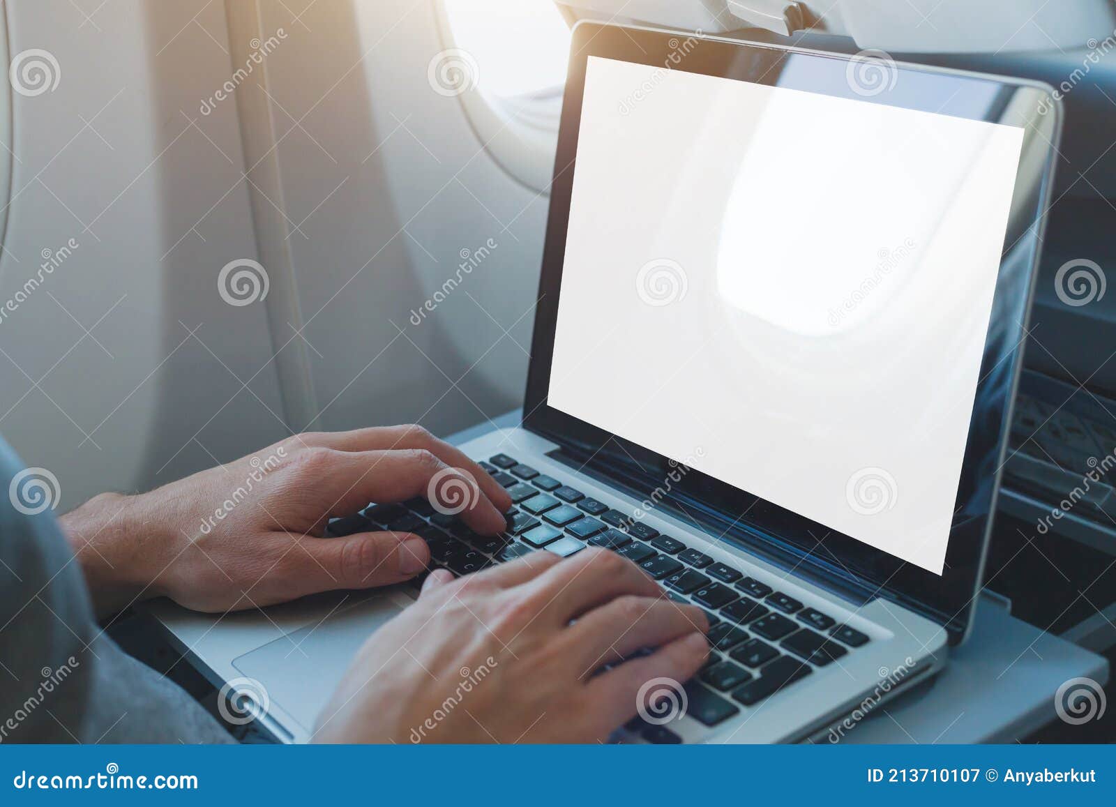 Passenger Using Laptop Computer in Airplane, Onboard Wifi Internet ...
