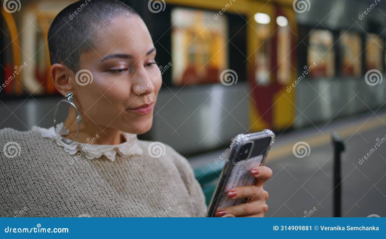 Passenger Waiting Train Arrival Sitting Platform Bench with Smartphone ...