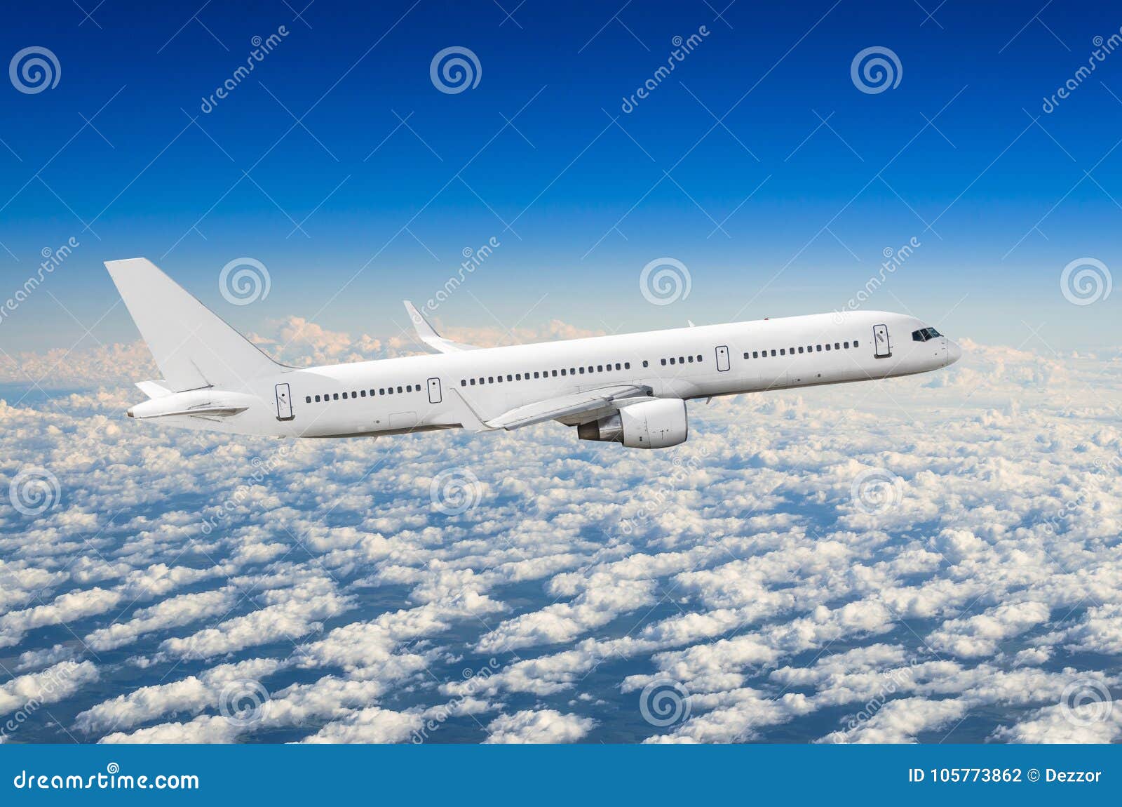 Passenger White Airplane on the Side View, Flies on a Flight Level Sky ...