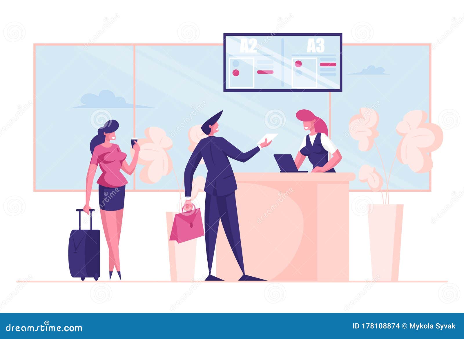 Avia Passengers. Boarding Stewardess Offers Food To Sitting Man In ...