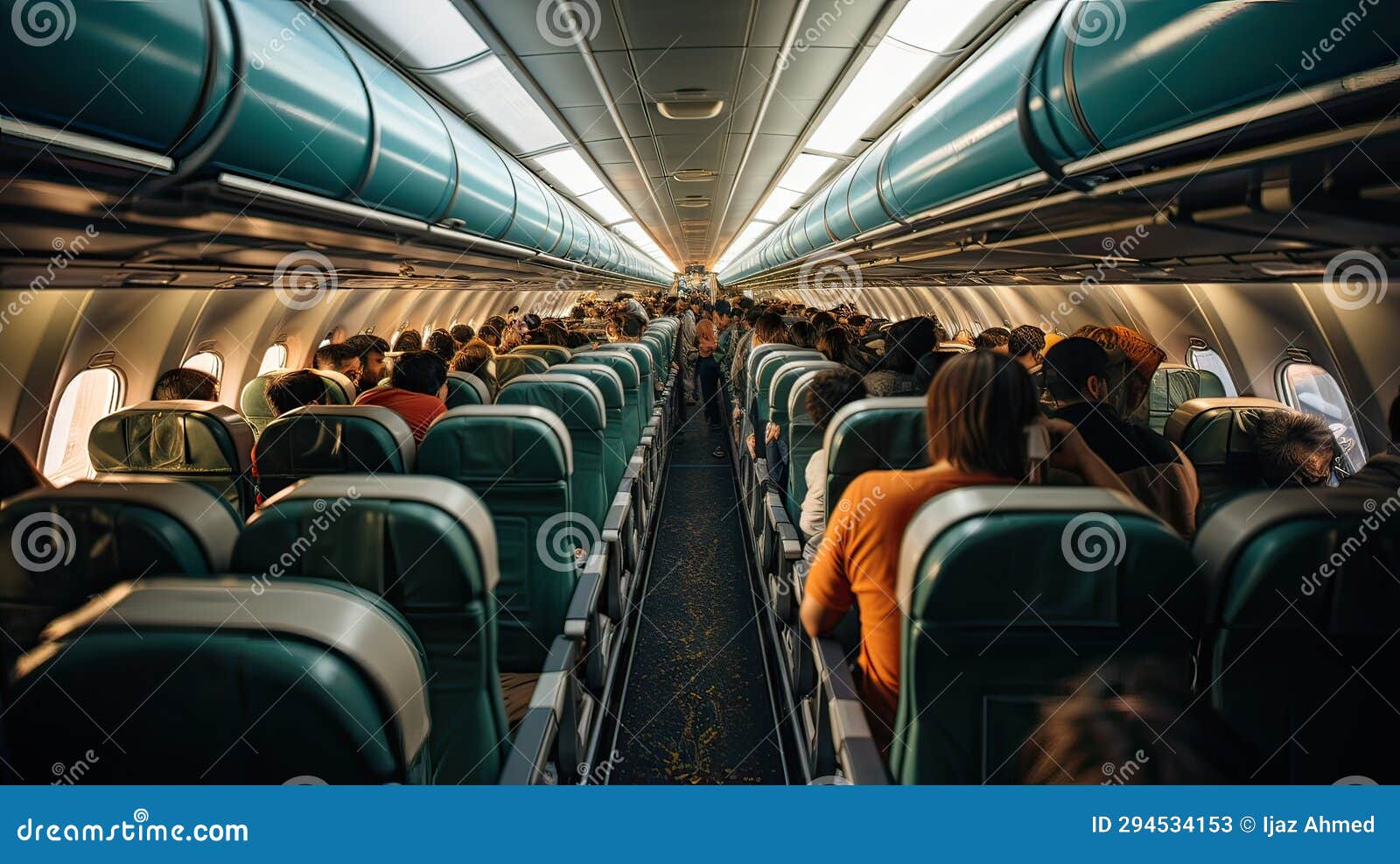 Refugees Passengers Inside of the Airplane at the Morning Time Stock ...