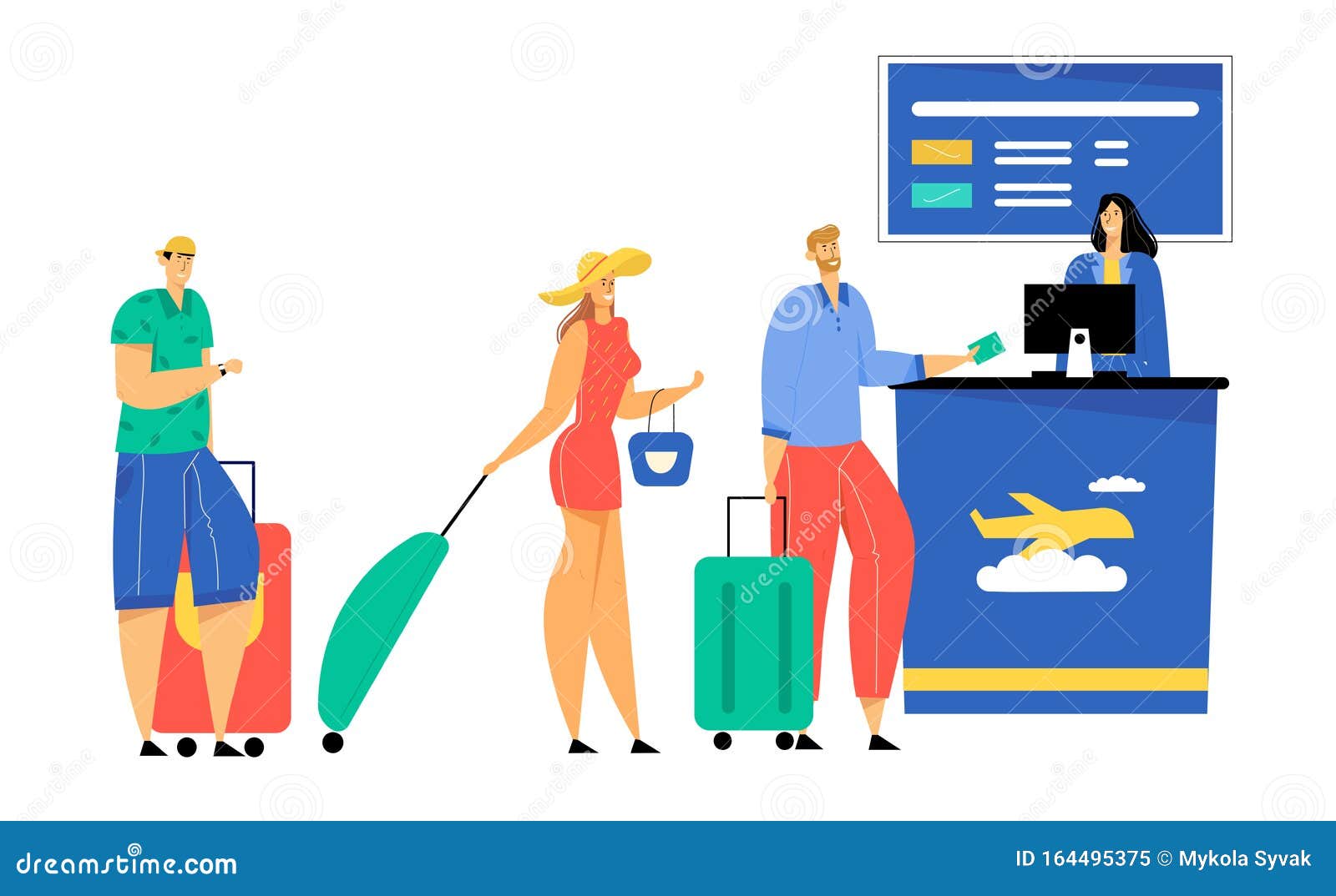 Passengers with Luggage Stand in Queue Preparing Documents for Flight ...