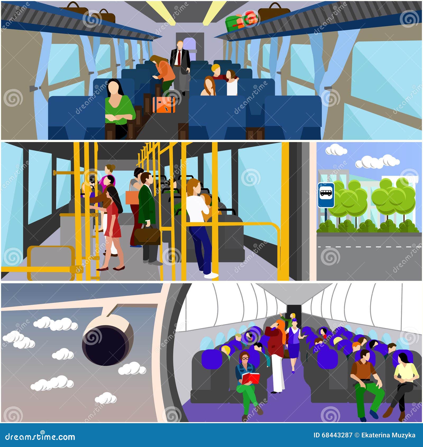 Passengers Public Transport Concept Vector Banners Set. People In Bus ...