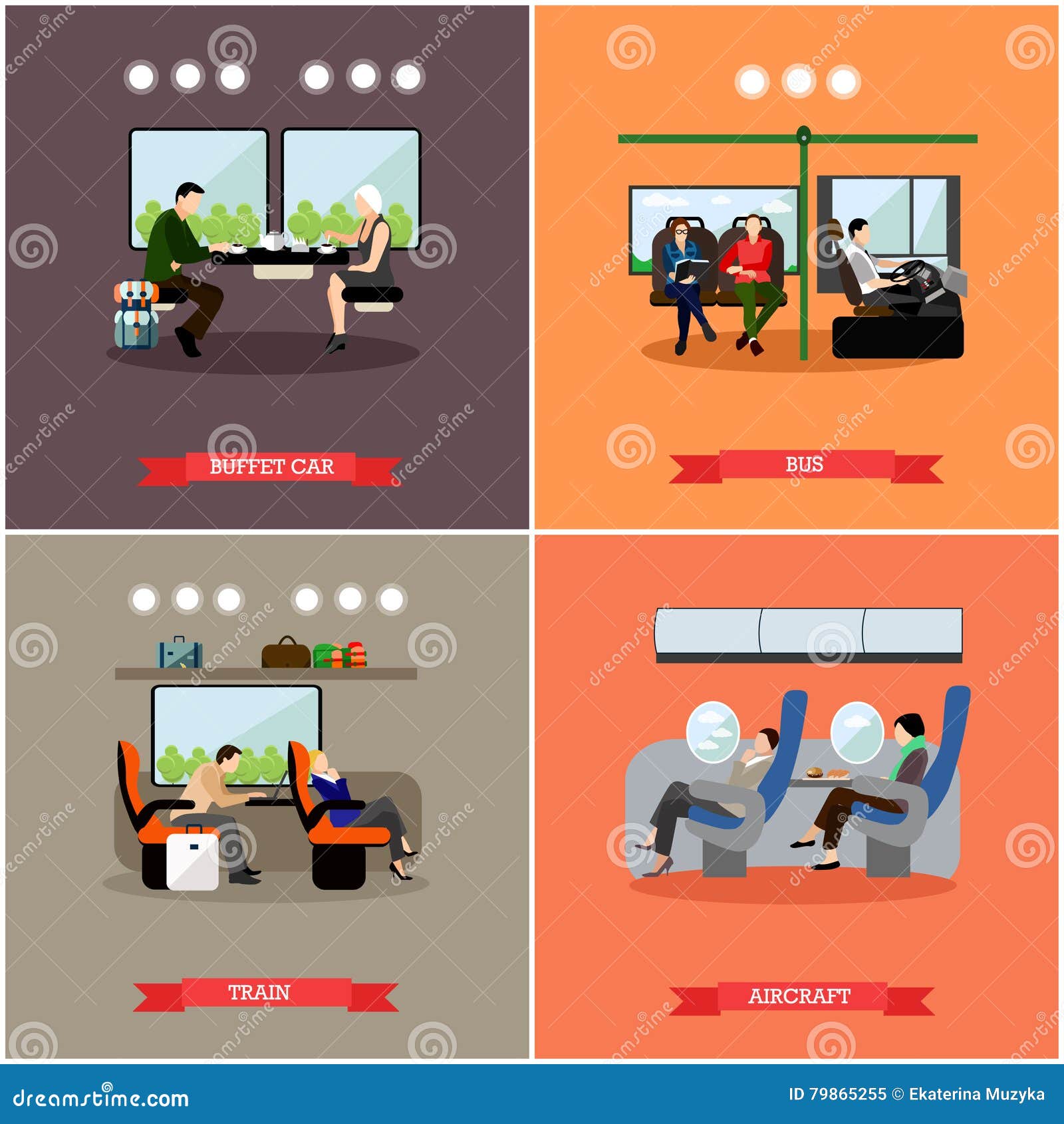 Passengers in Public Transport Concept Vector Banners Set. People in ...