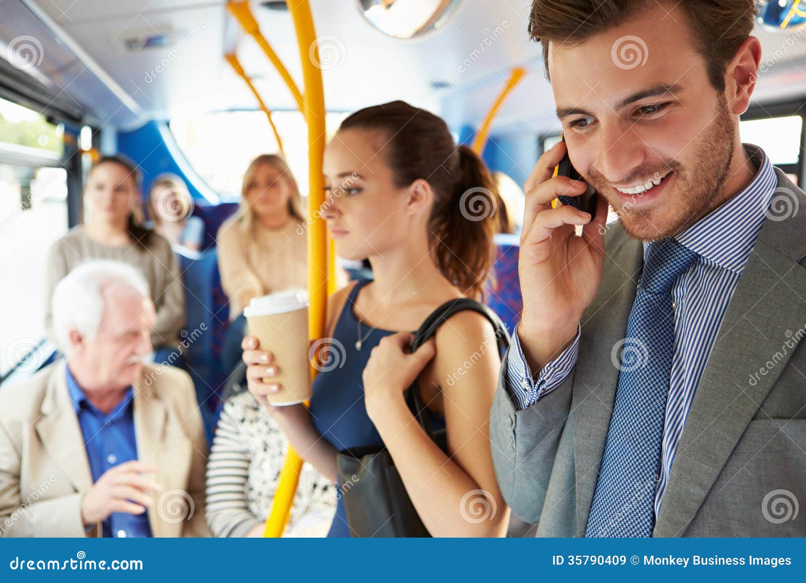 Passengers Standing on Busy Commuter Bus Stock Image - Image of male ...