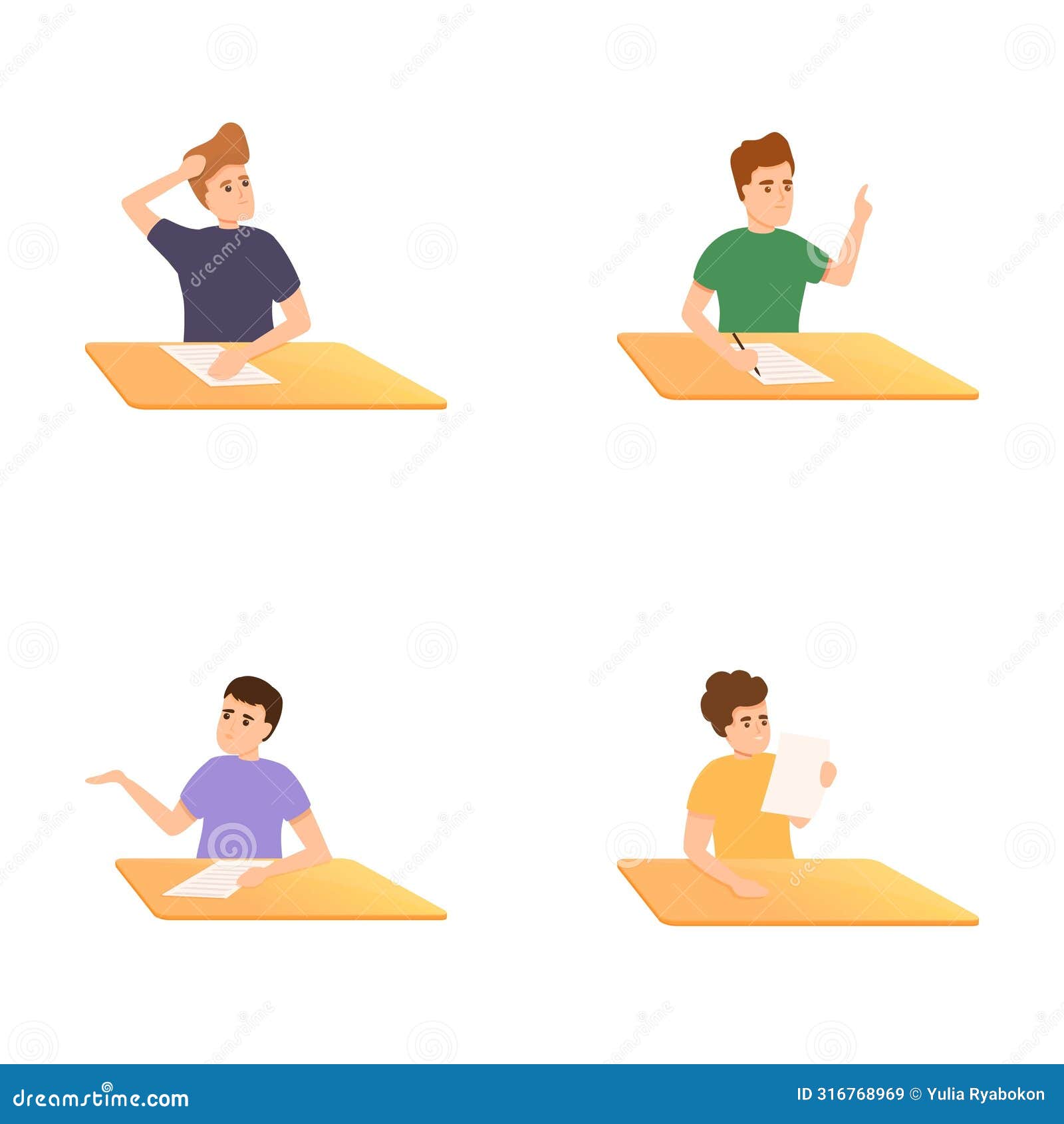 Passing Exam Icons Set Cartoon Vector. Young People Taking Exam Stock ...
