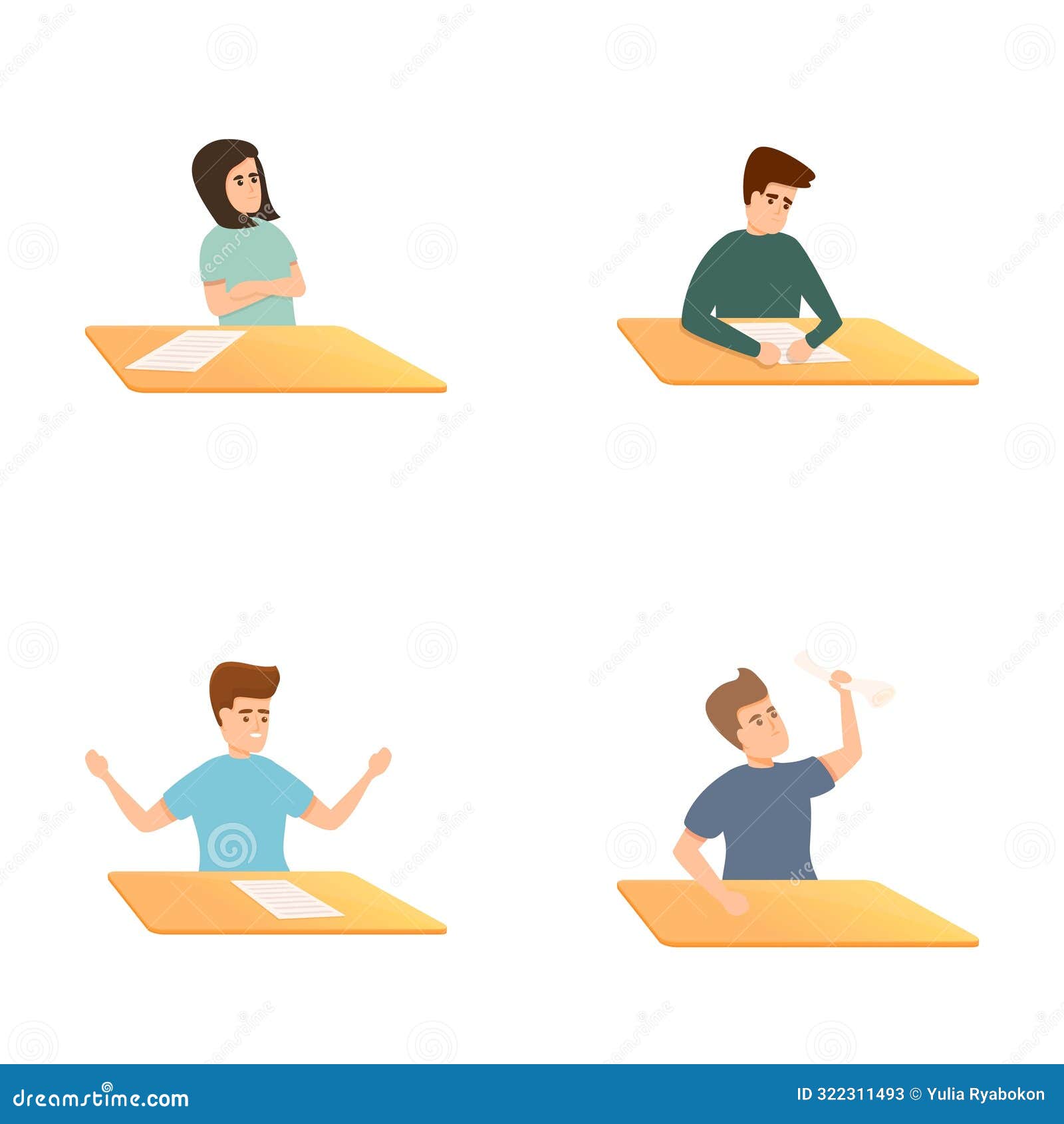 Passing Exam Icons Set Cartoon Vector. Young People Taking Exam ...