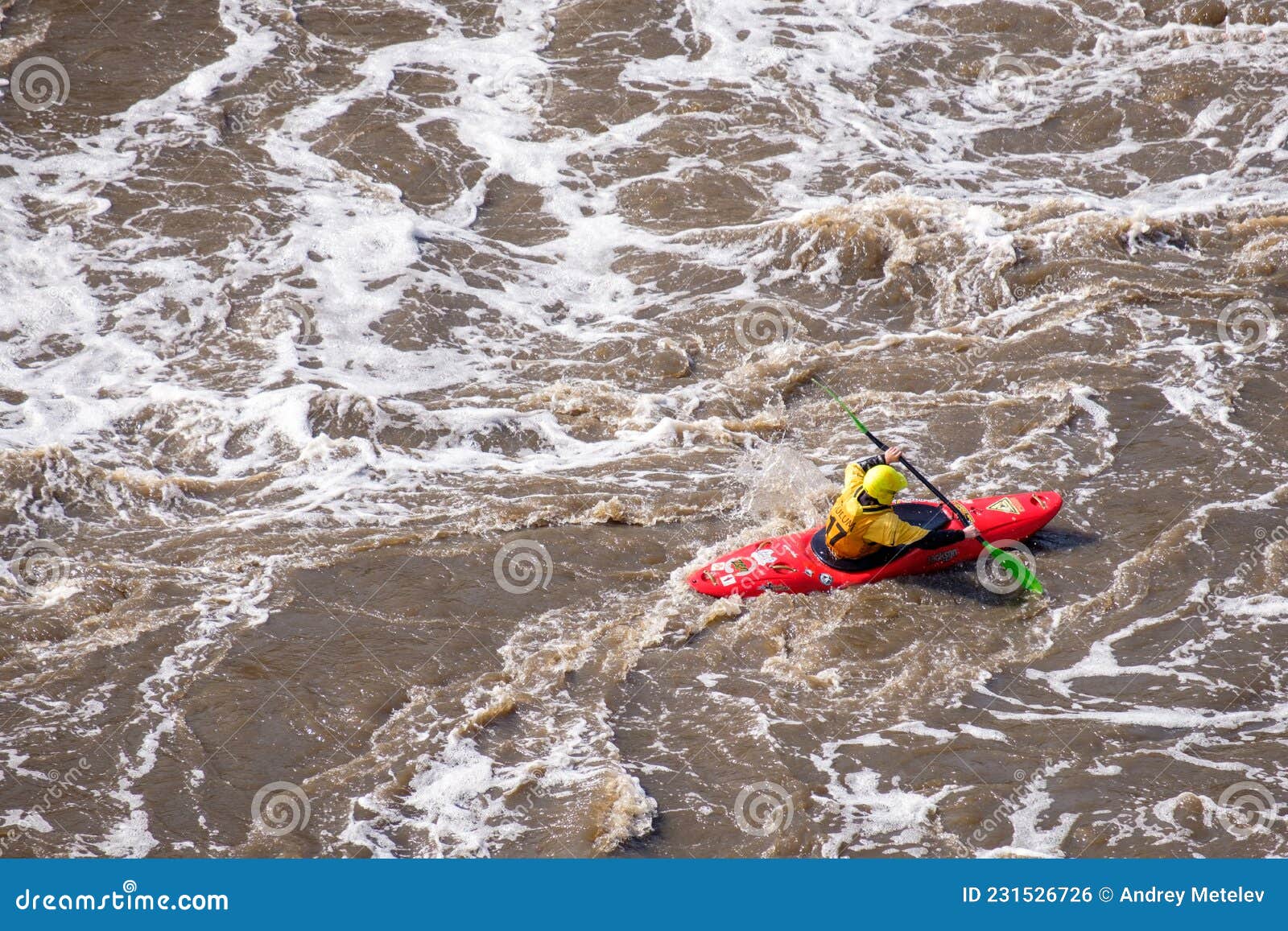 Passing Rapids on a Fast Mountain River. How he Fights with the Water ...